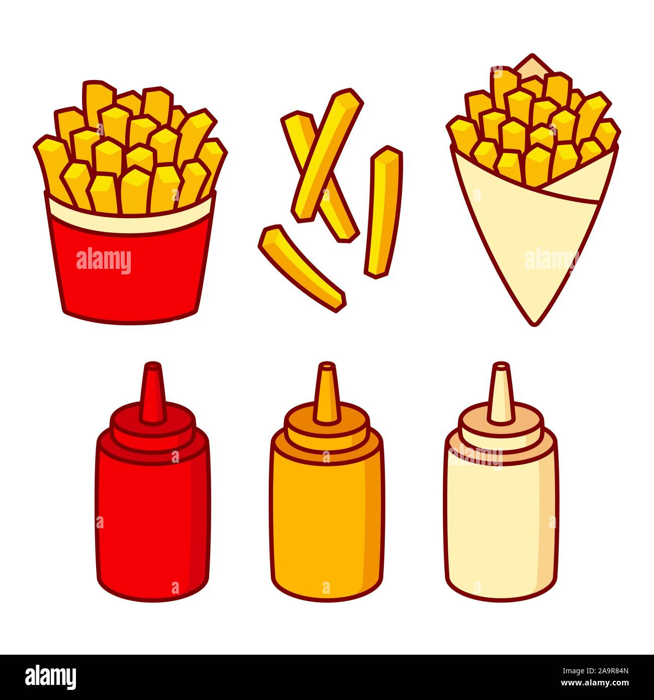 Frites cartoon illustration set. En frites de fast food box et membrane ...