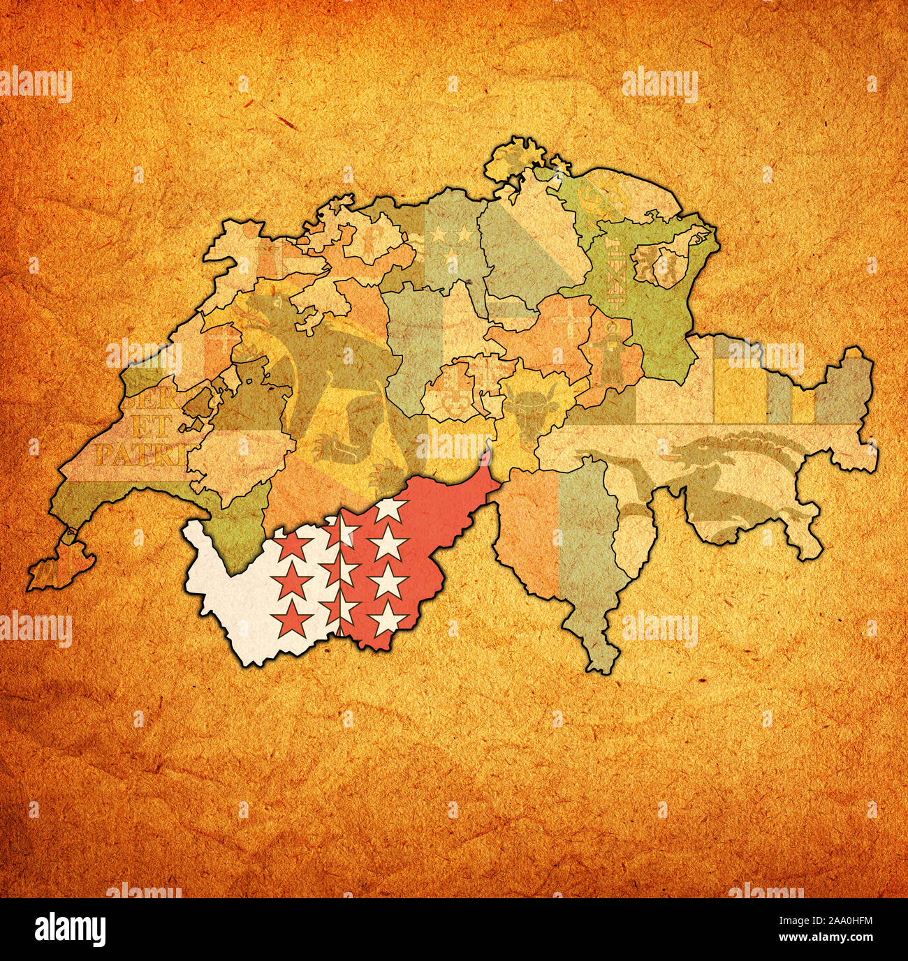 Drapeau et territoire de Wallis canton la carte des divisions administratives de la Suisse Photo ...