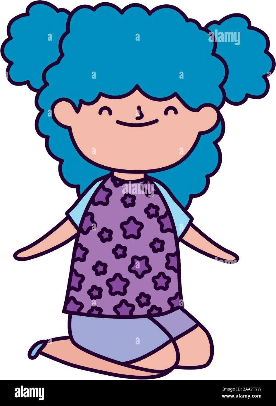 Cute little girl blue Hair sur les genoux cartoon sur fond blanc vector ...