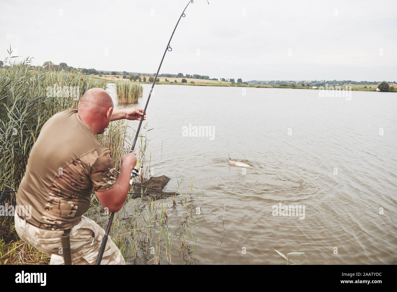 Le pêcheur a attrapé un gros poisson de la carpe et le tira vers la ...