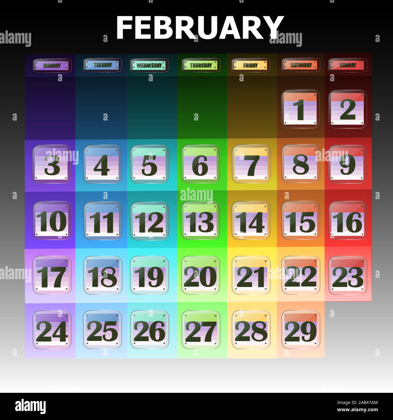 Calendrier original pour février 2020 en anglais. Ensemble de boutons ...