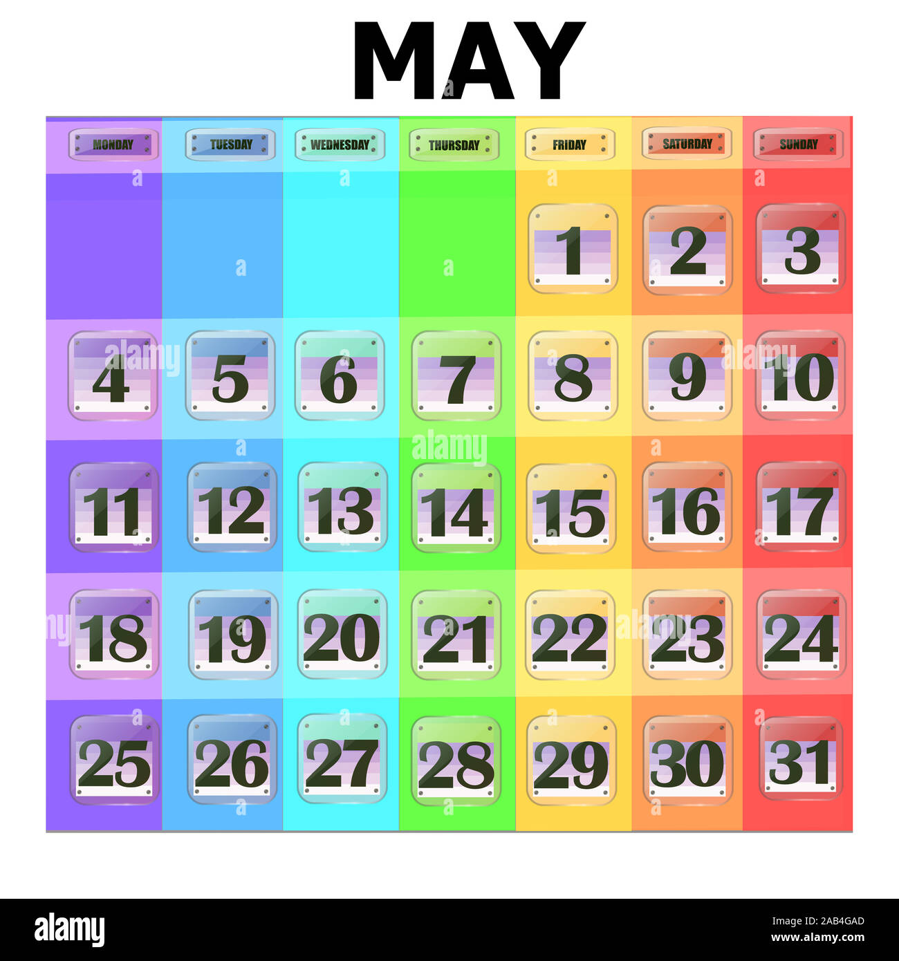 Calendrier original pour mai 2020 en anglais. Ensemble de boutons avec ...