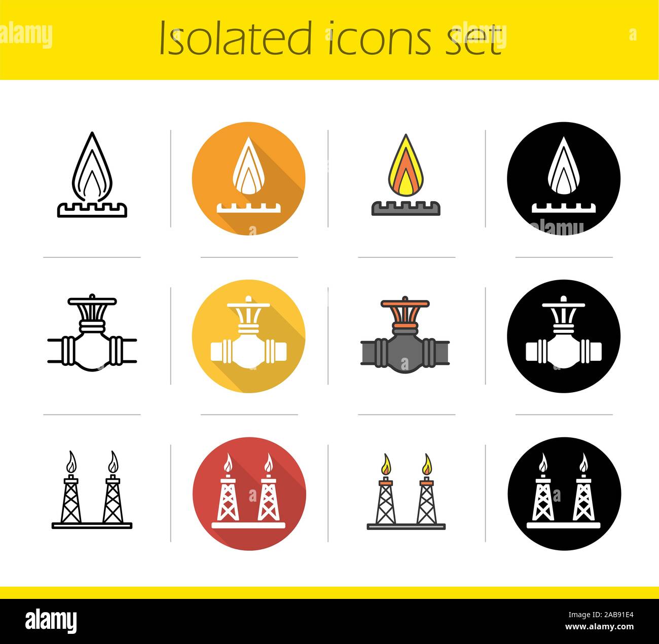 L'industrie du gaz icons set. Modèle plat, linéaire, noir et couleurs ...