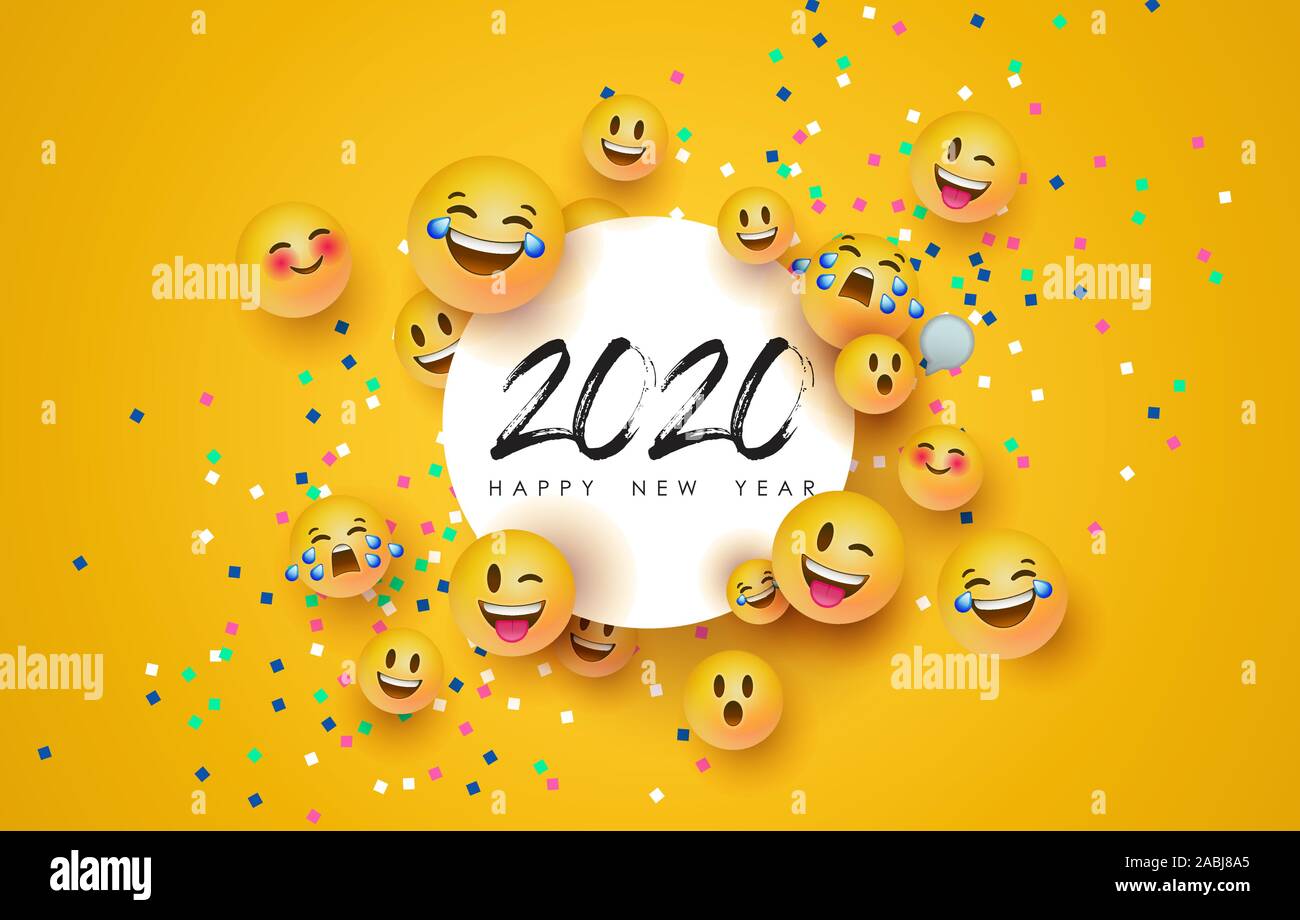 Bonne Année 2020 Carte de souhaits de funny face jaune 3d icônes ...