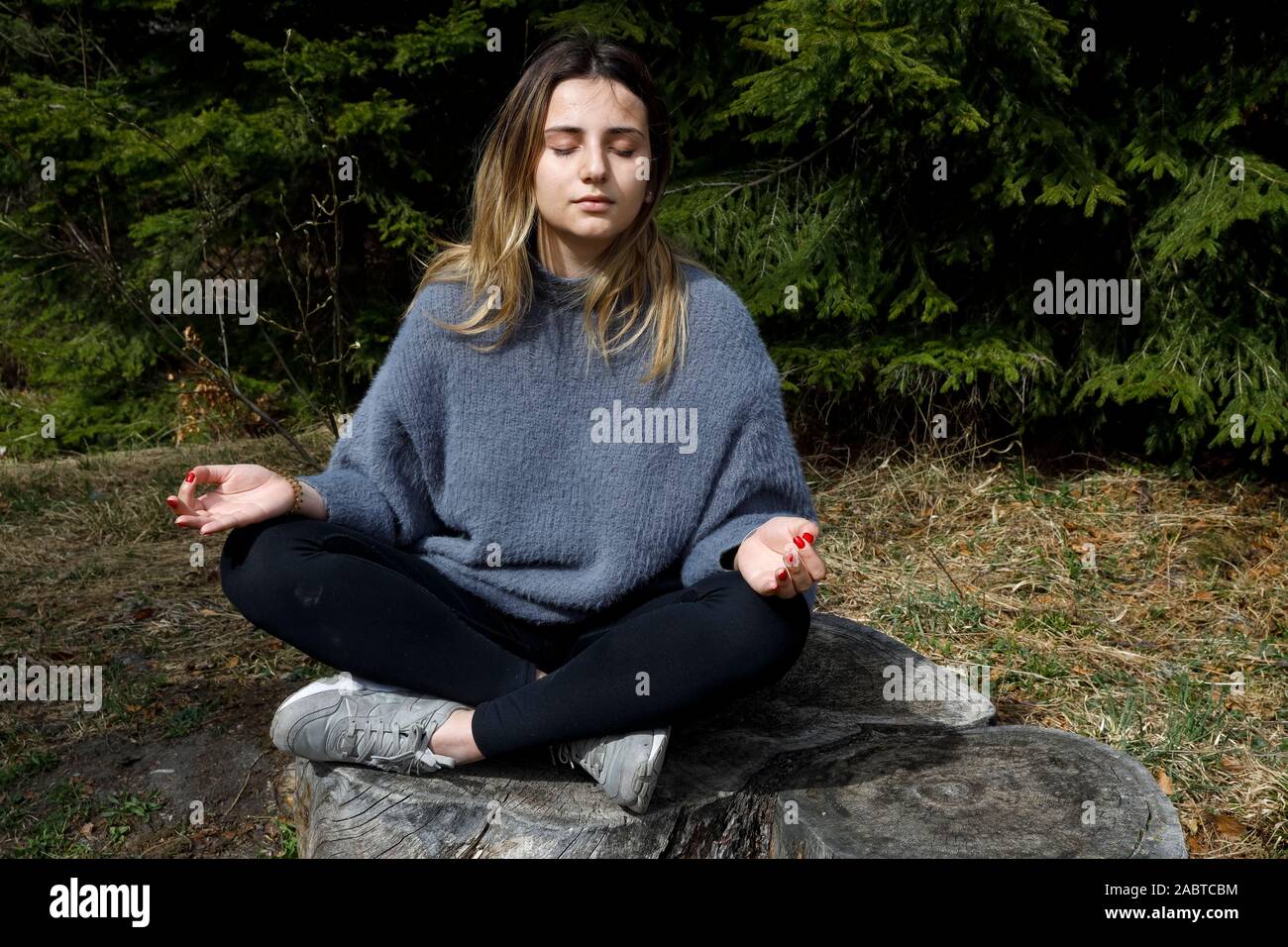 Femme assise sur une souche Banque de photographies et d’images à haute ...