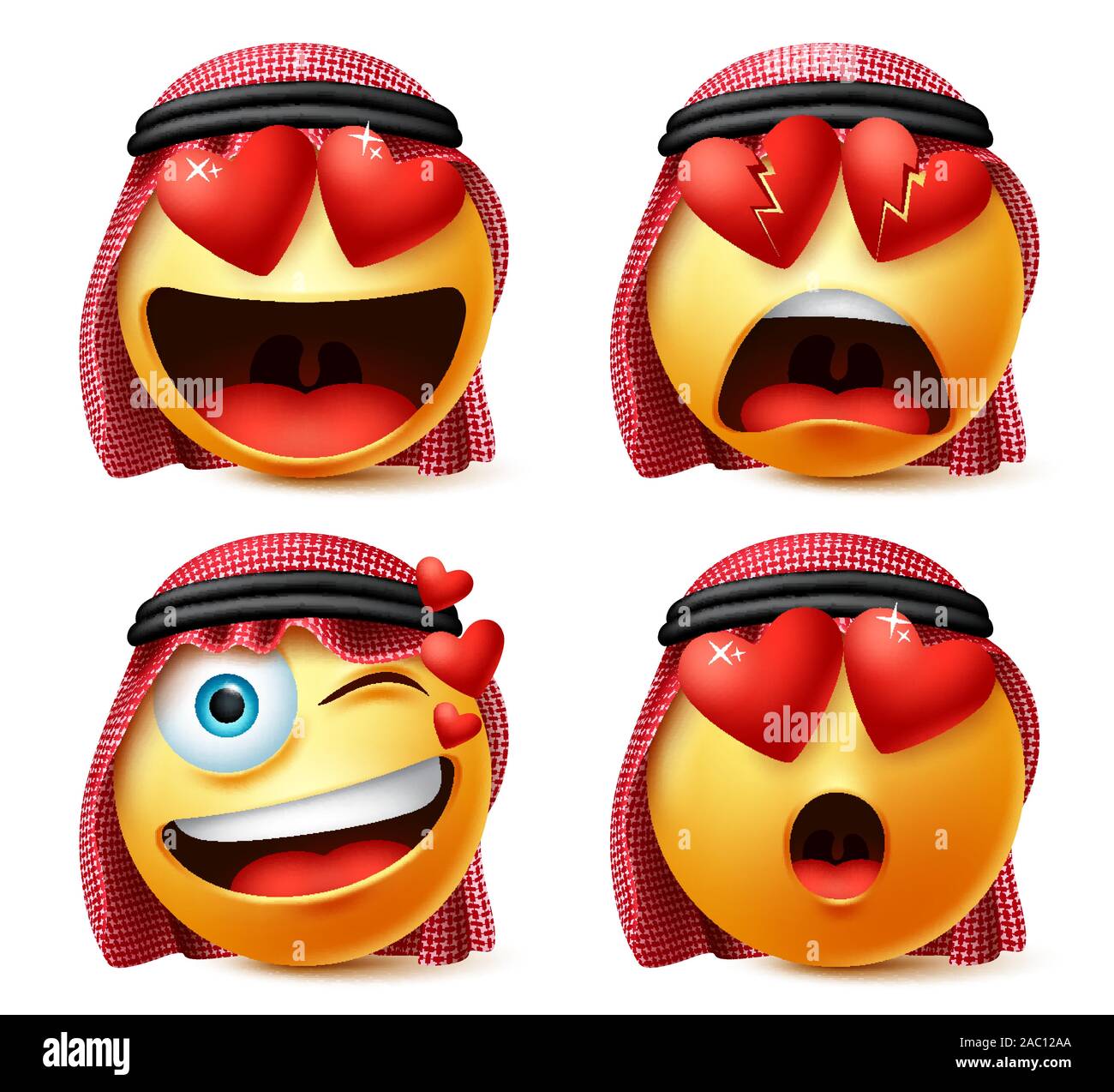 Arabe Arabie avec amour coeurs émoticône vector set. Émoticônes smiley ...