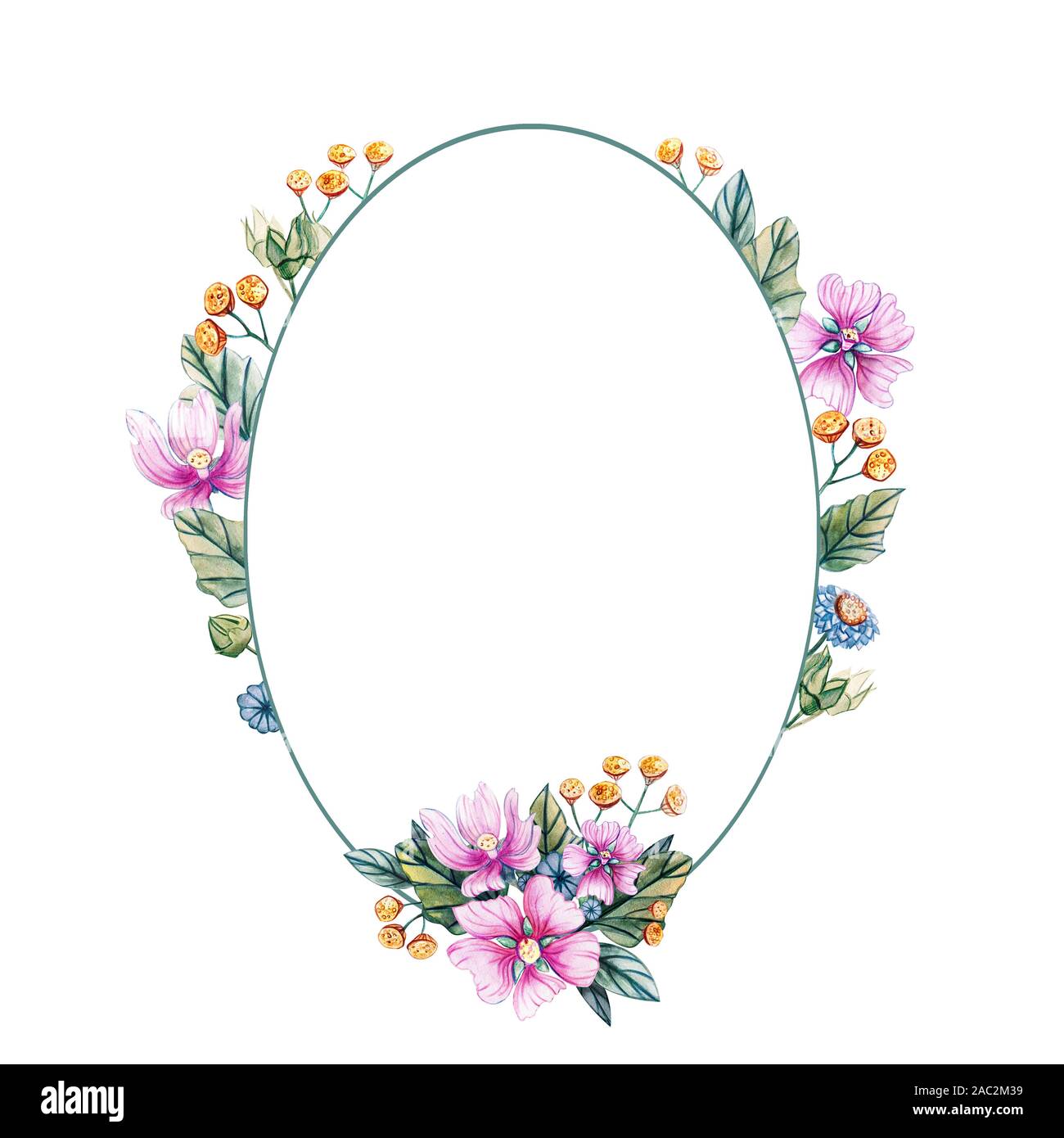 Illustration à l'aquarelle avec cadre ovale de fleurs pour un mariage ...