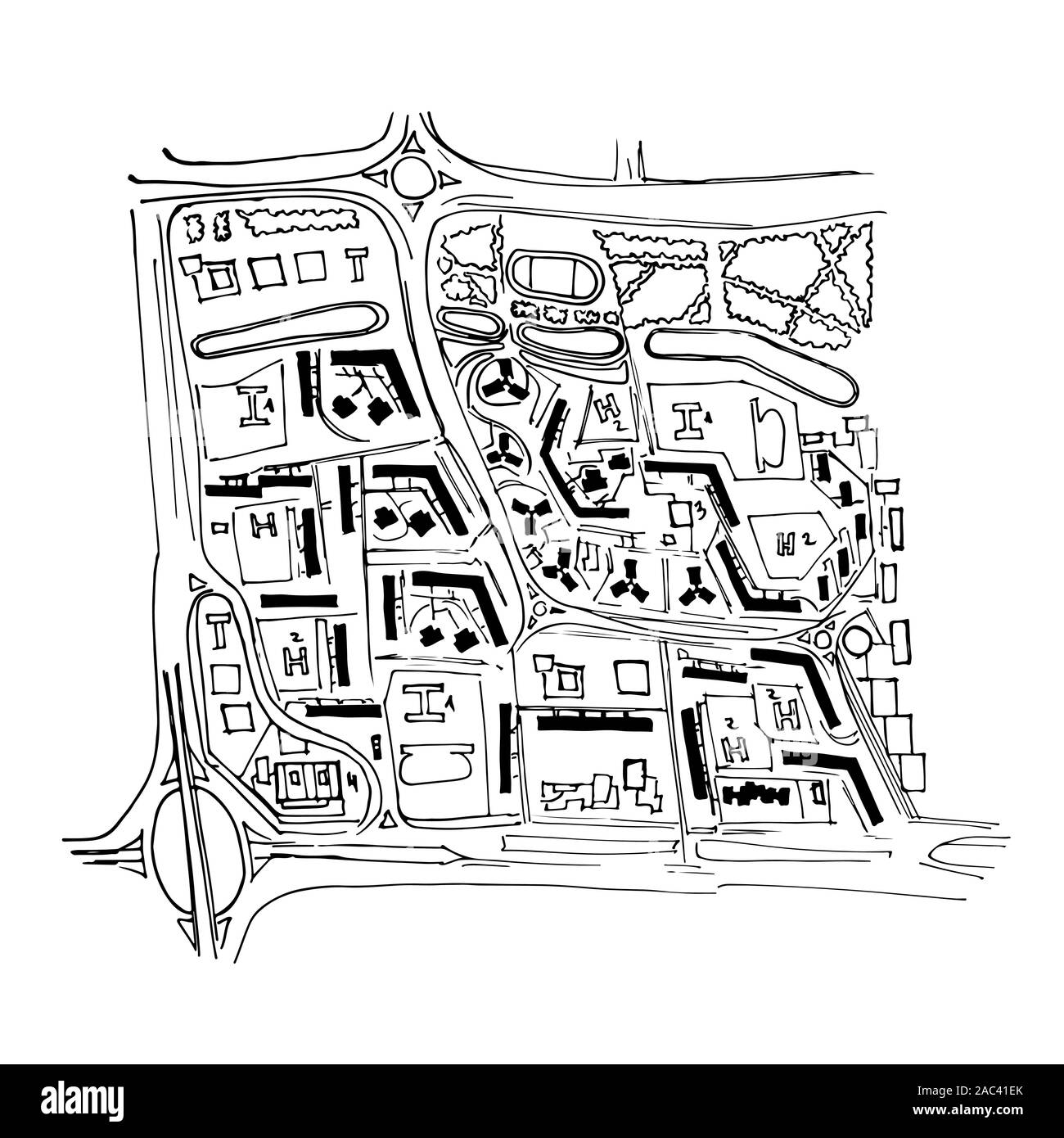 Plan d'urbanisme d'une ville, vieux village. Doodle plan de la ville ...