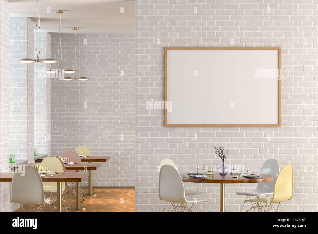 Café ou restaurant intrerior avec affiche horizontale vierge sur le mur ...