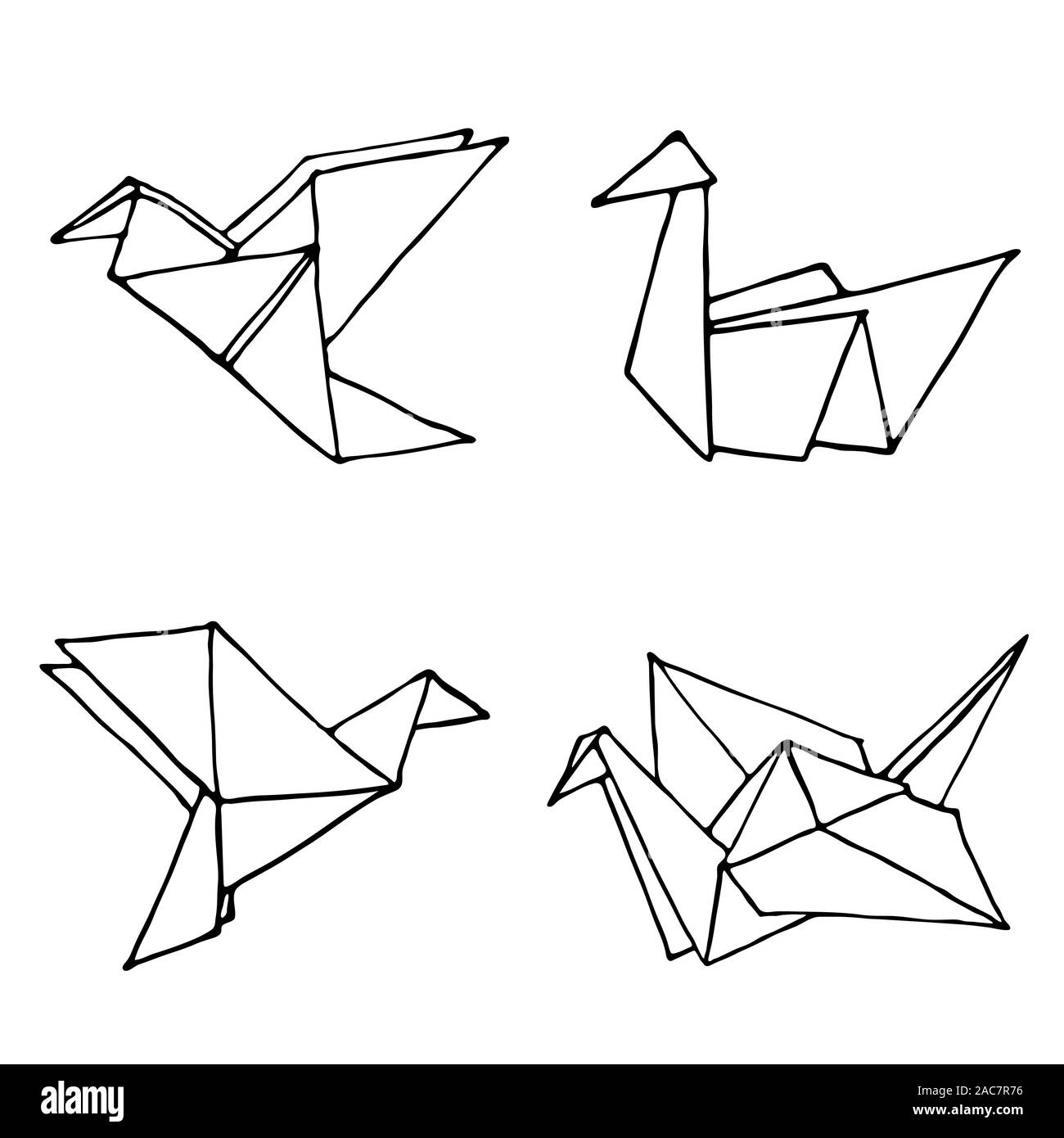 Doodle Origami simple ensemble. Collection avec quatre oiseaux origami ...