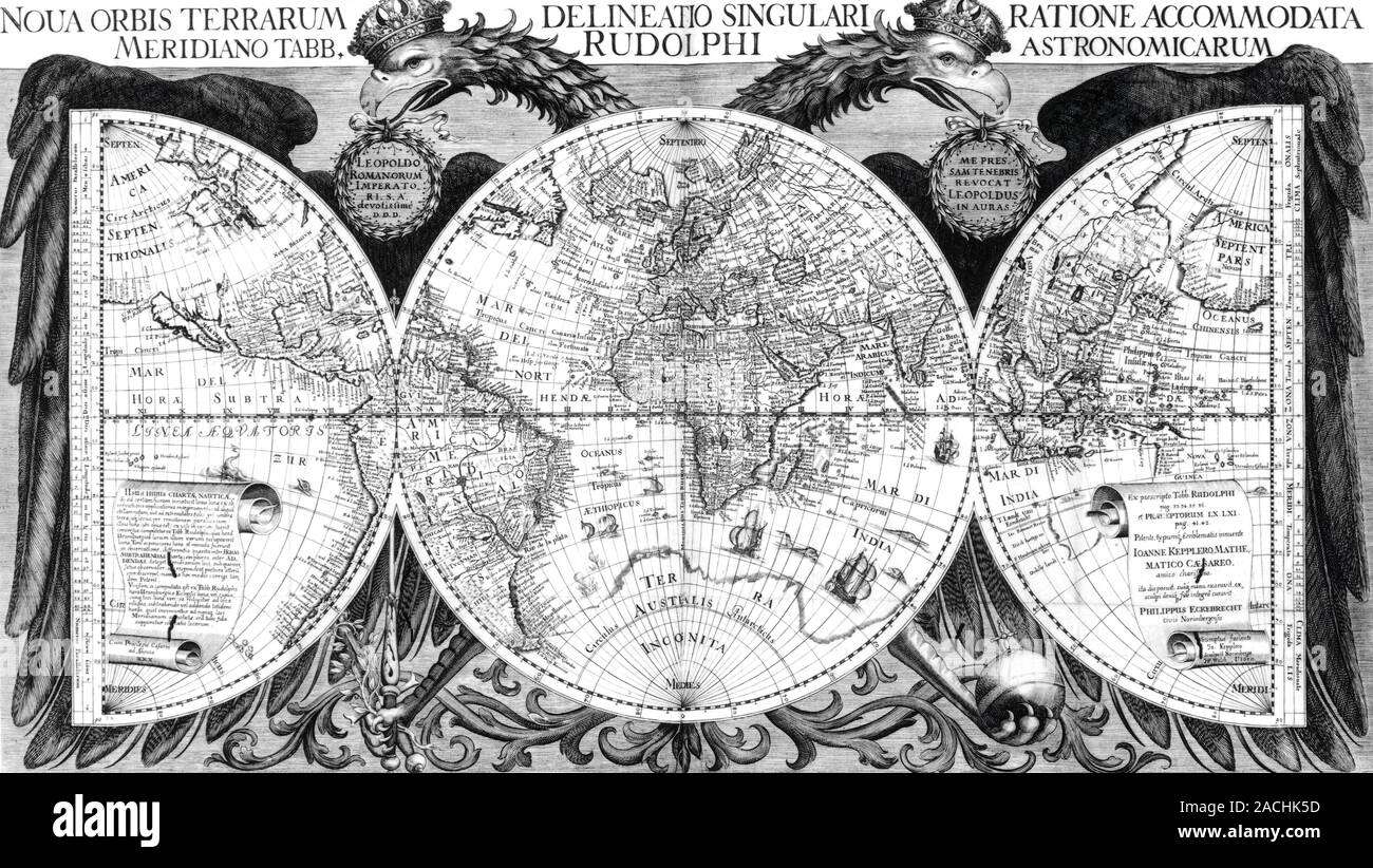 Carte du Monde de Kepler, 17e siècle. Cette carte est de Tabulae ...