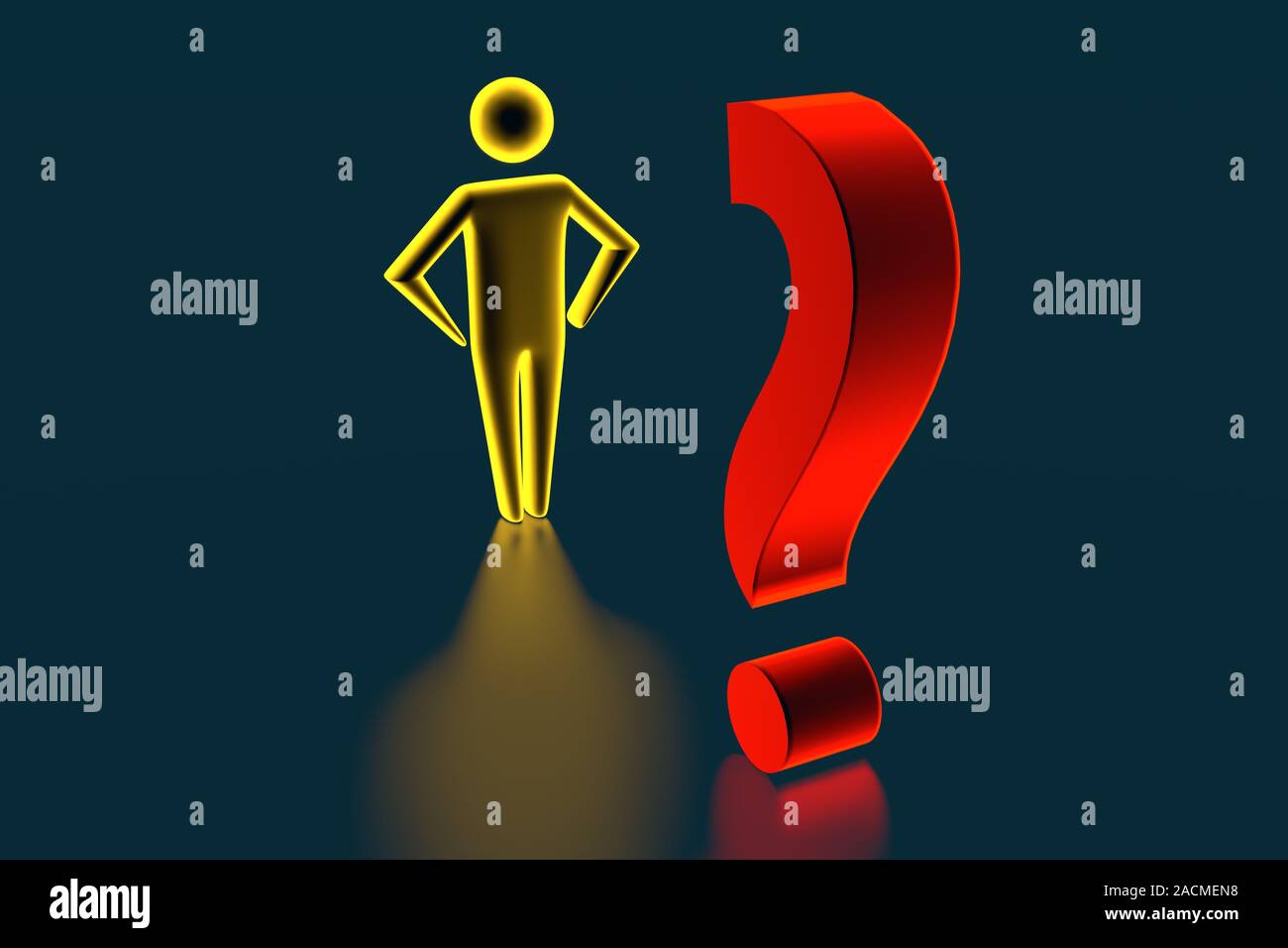 Homme d'or 3d en face d'un point d'interrogation. Man concept d ...