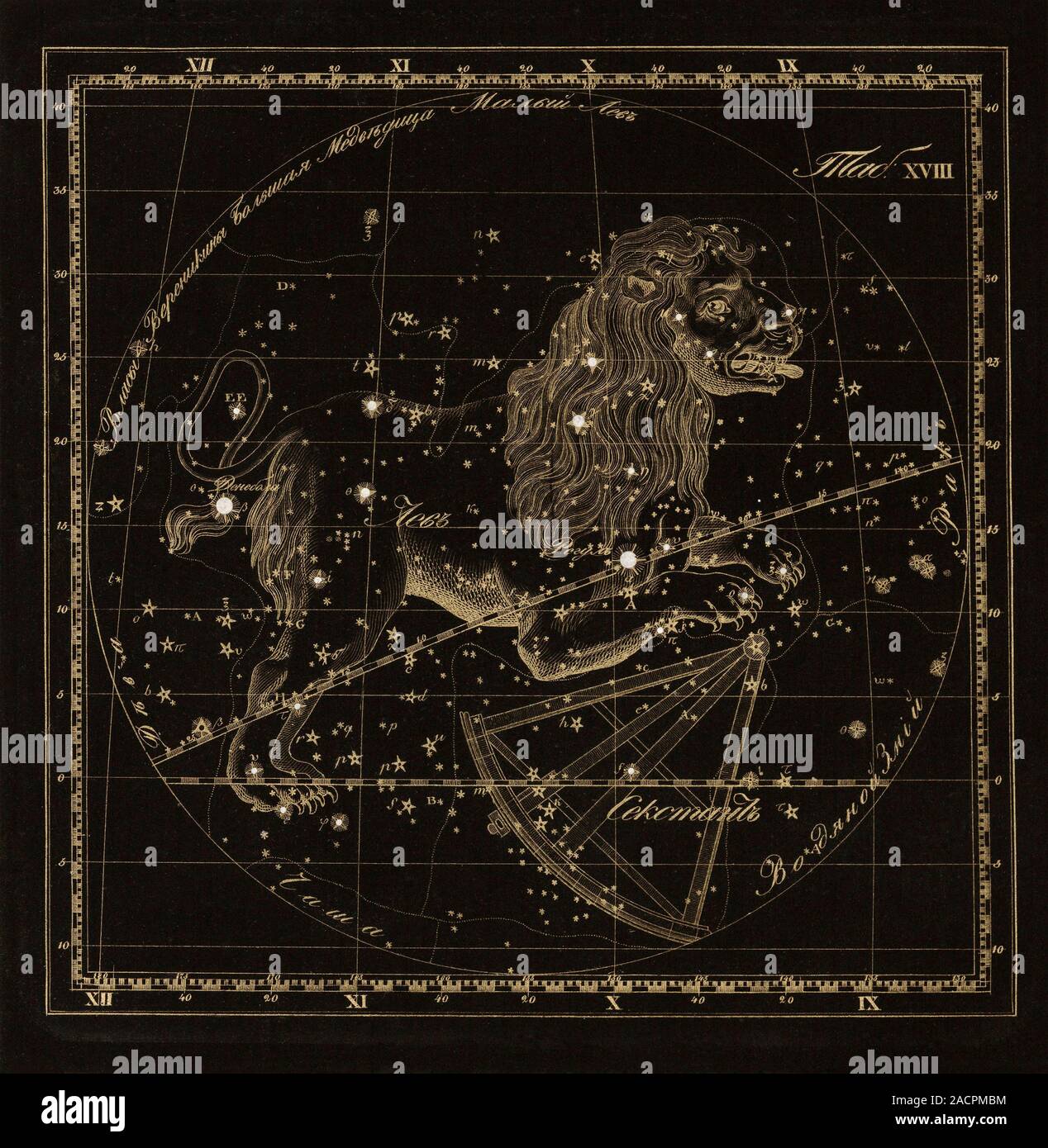Leo constellations. 19e siècle carte des étoiles et constellations de l ...