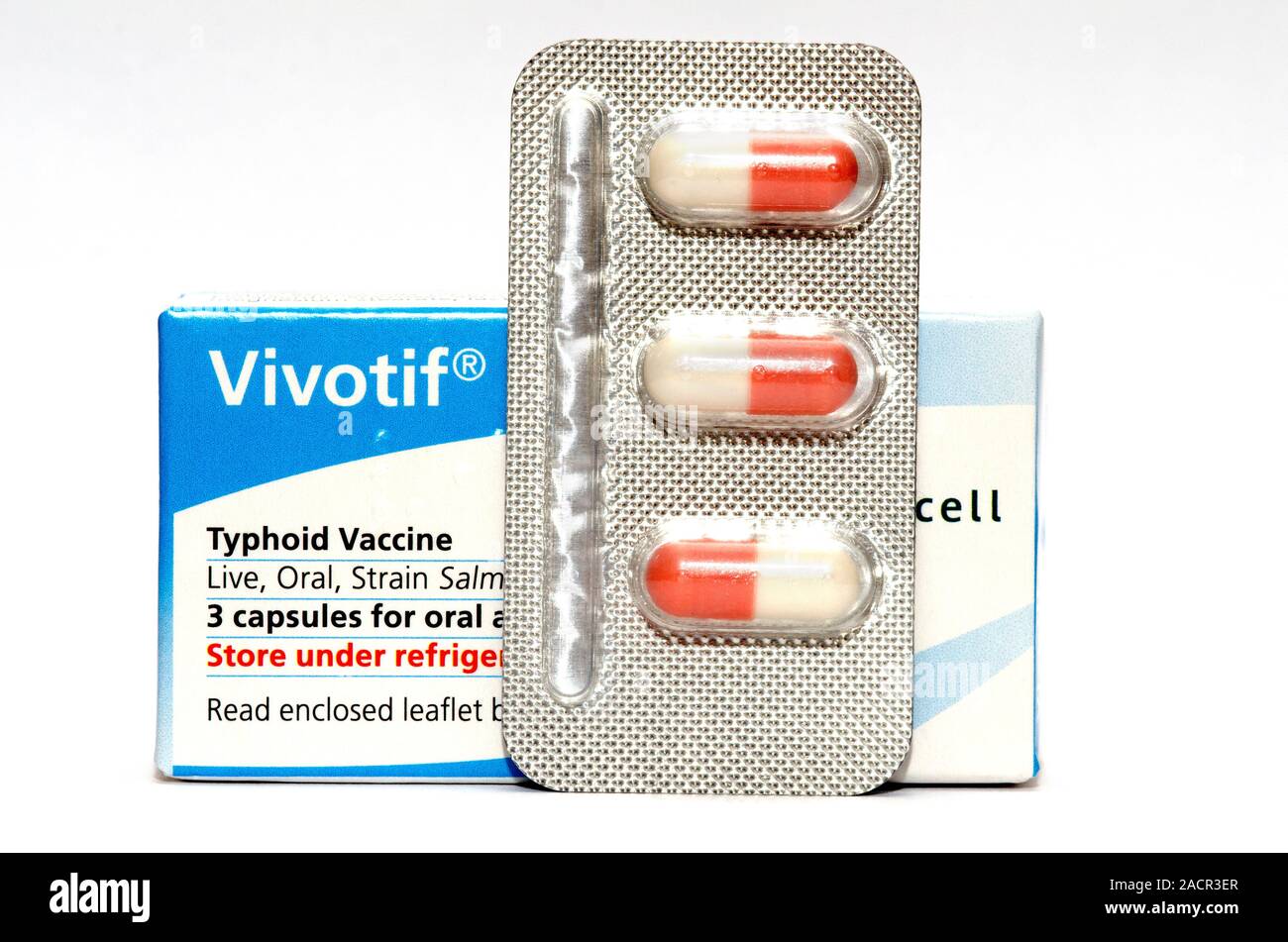 Pack de capsules Vivotif LMD, un vaccin oral pour prévenir la fièvre typhoïde, une maladie ...