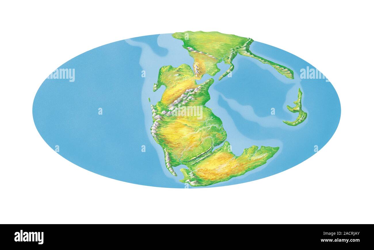 Carte du monde du Trias. Projection elliptique de la Terre, des ...