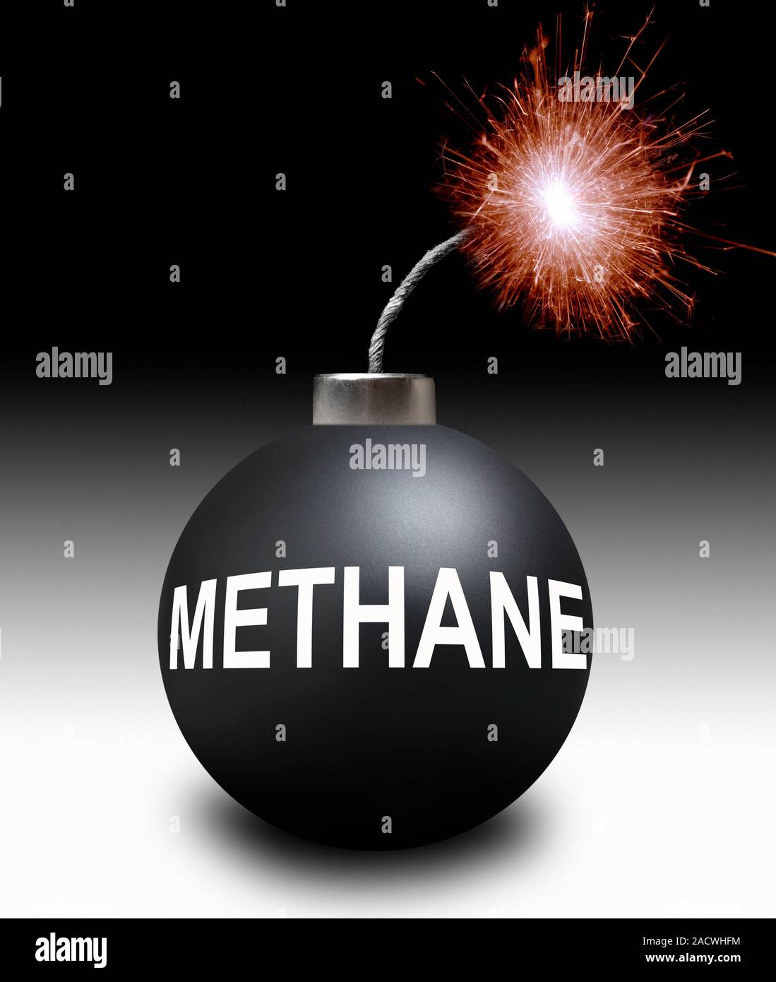 La bombe méthane, artwork. Le méthane (CH4) est un gaz à effet de serre ...