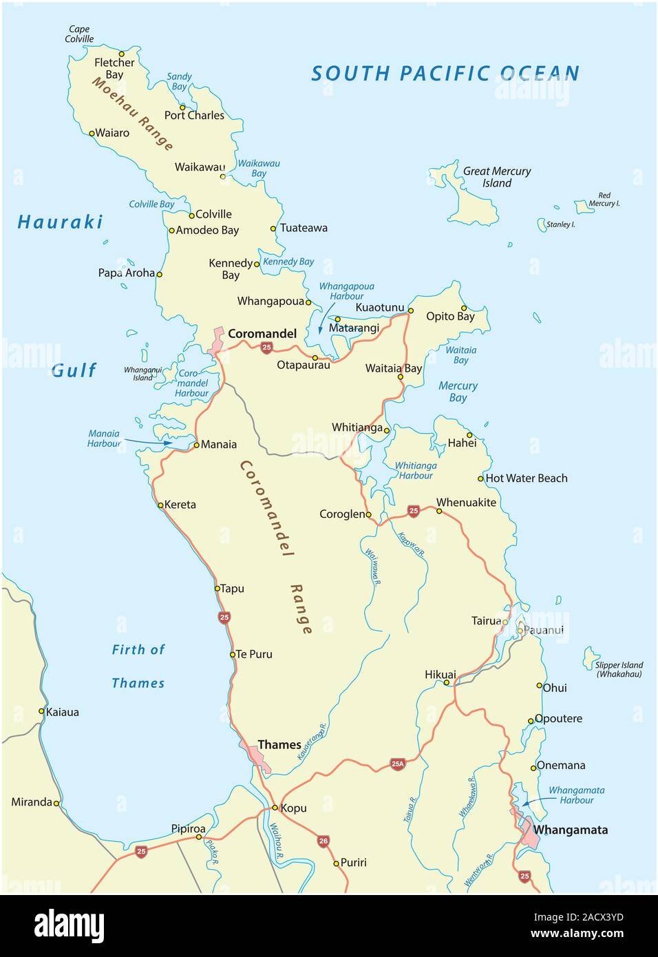 Carte routière de la Nouvelle-Zélande Coromandel Peninsula Image ...