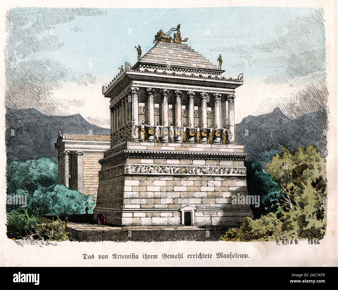 Mausolée d'Halicarnasse. Gravure allemande de 1886 par Frederick Knab ...