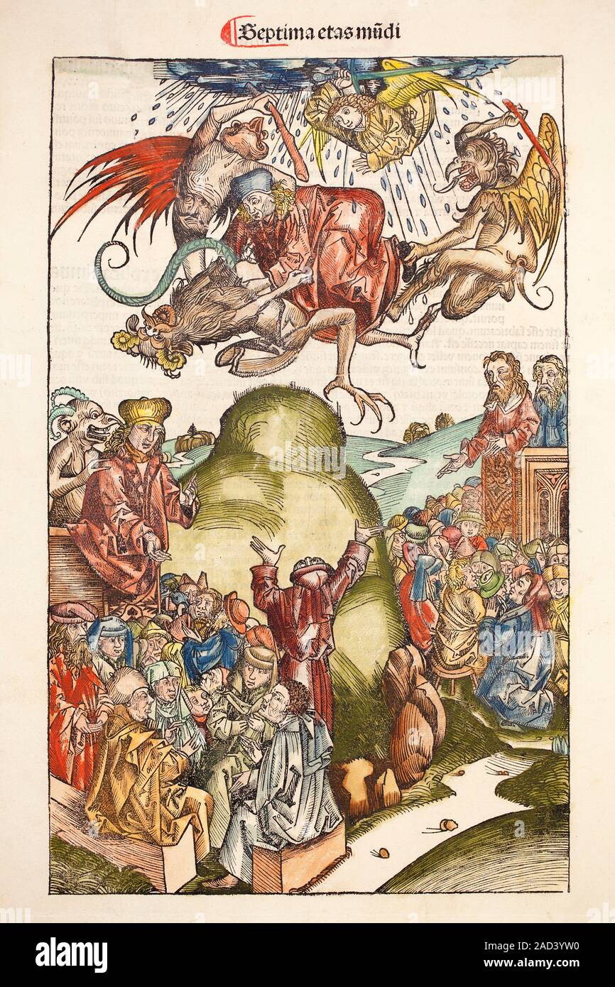 La mort de Simon le Mage de la Chronique de Nuremberg (1493) des incunables. Simon le Mage était ...