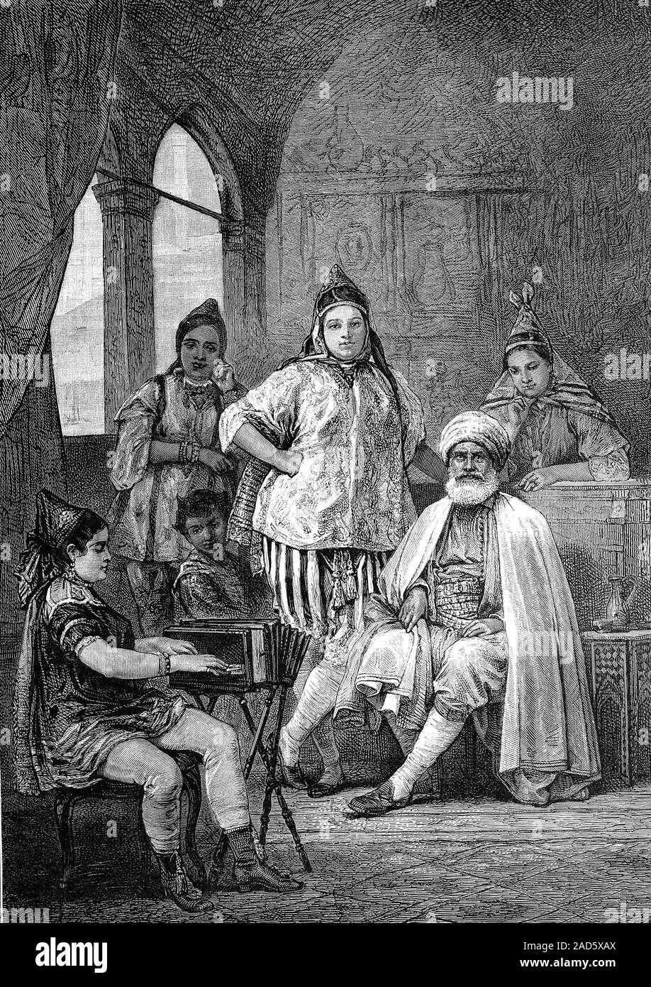 19e siècle la famille juive tunisienne. 1865 Illustration d'une famille ...