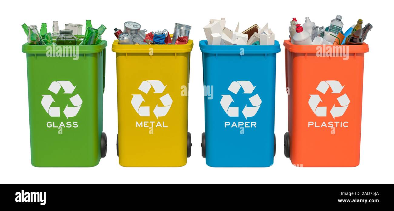 Ensemble De Poubelles De Recyclage Avec Le Verre Le Papier Les