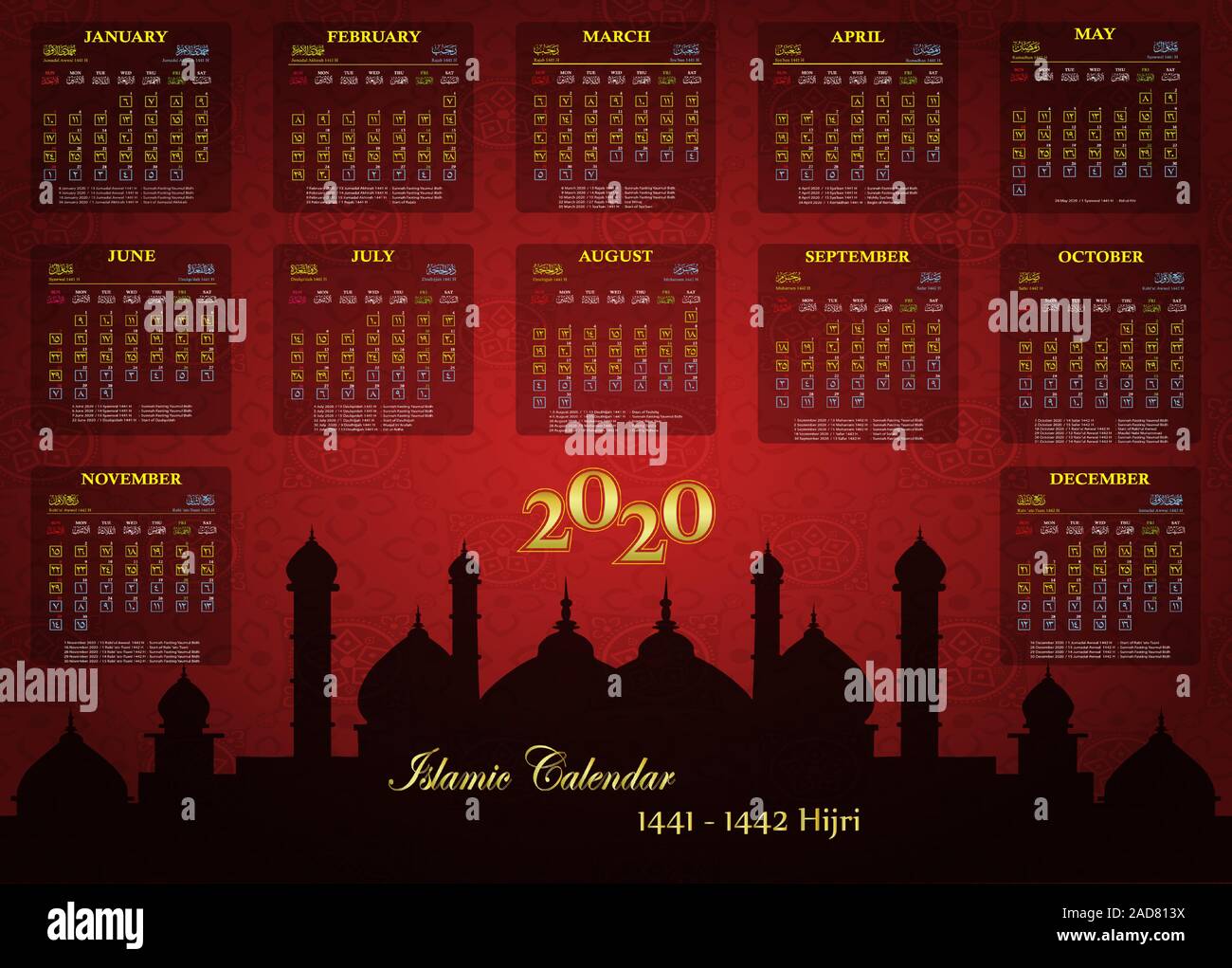 Calendrier islamique 2020, 1441-1442 calendrier hijri Image Vectorielle ...