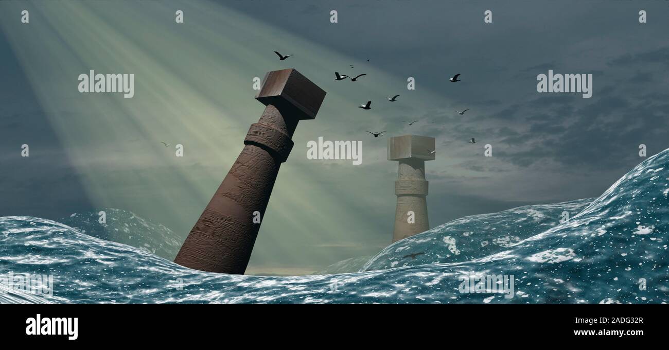 Destruction de l'Atlantide. Vue d'artiste de la destruction de la ville ...