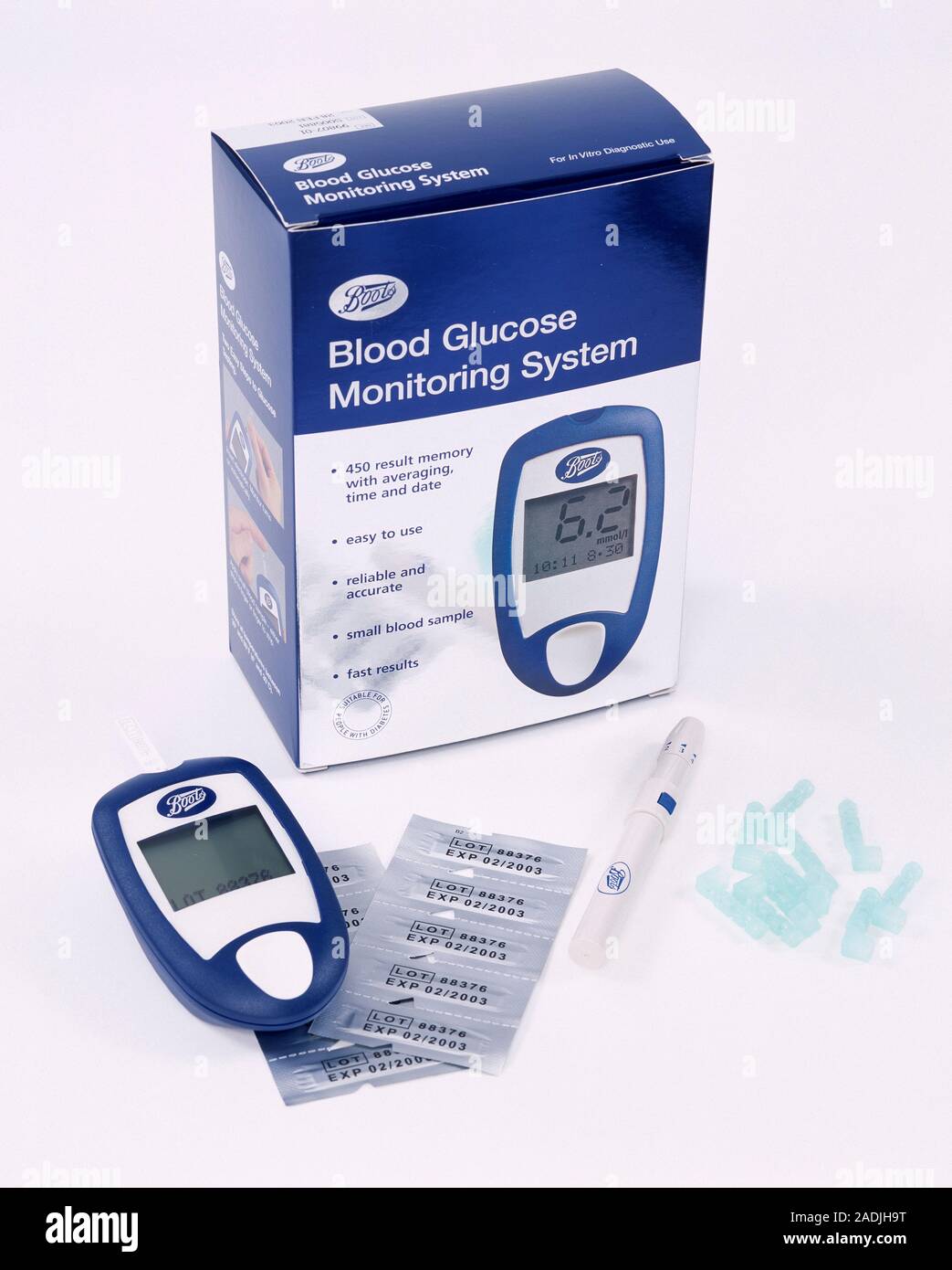 Test de glycémie. Paquet et contenu d'un système de surveillance de la ...