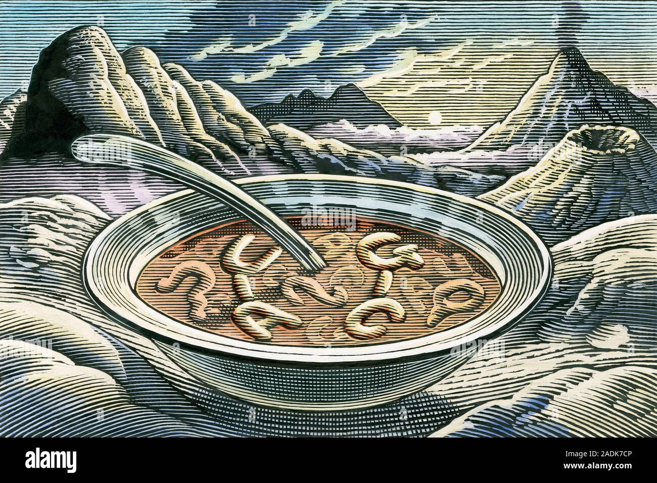 Soupe primordiale. Image conceptuelle d'un bol de soupe contenant les ...