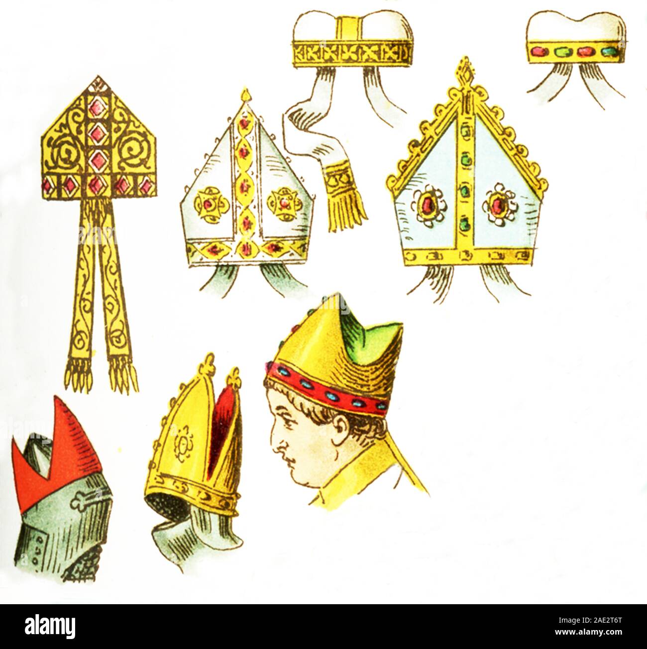 Illustré dans cette image sont une variété de Christian mitres. Ils ...