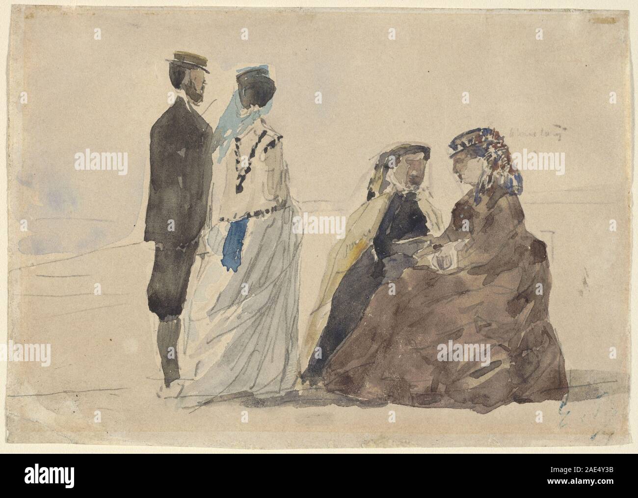 Deux dames assises et un couple en train de marcher sur la plage ; c ...