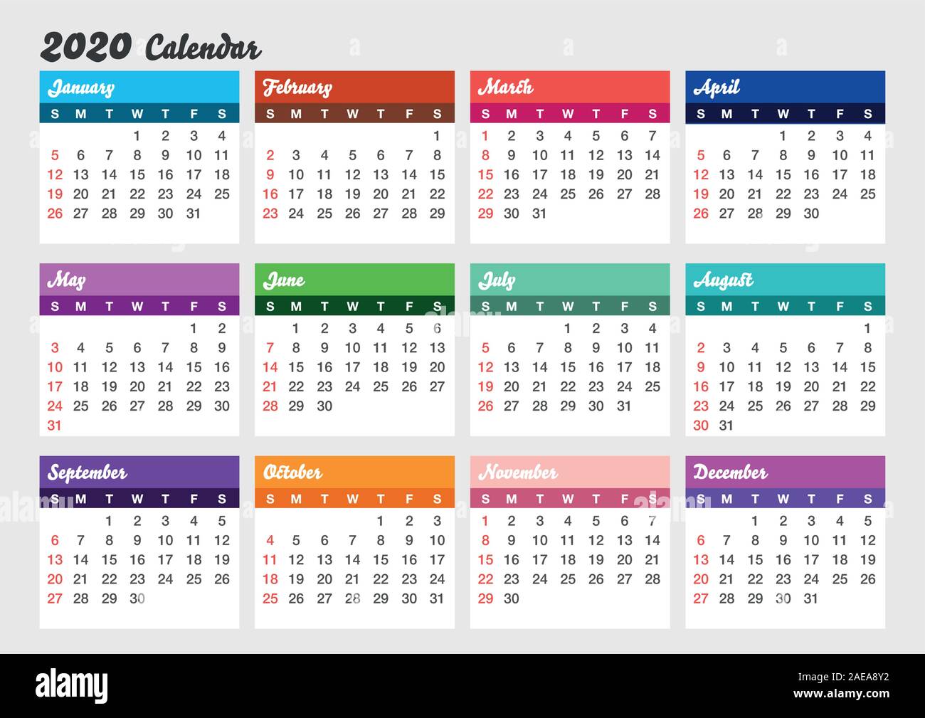 L'année 2020 colorée calendrier. Calendrier horizontal modèle . Fichier ...