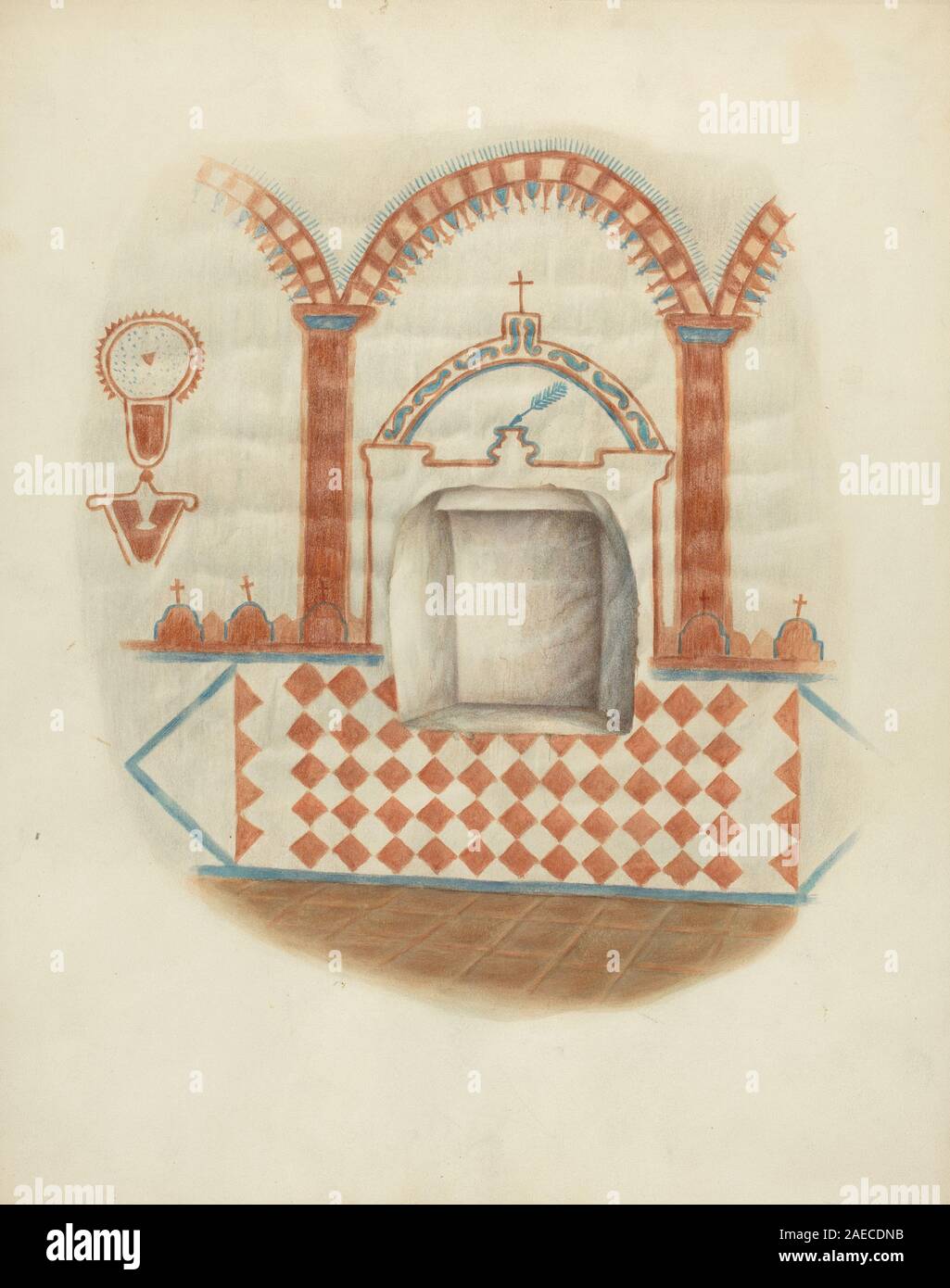 Un dessin de restauration de George E Rhône vers 1939 représentant une peinture murale et une ...