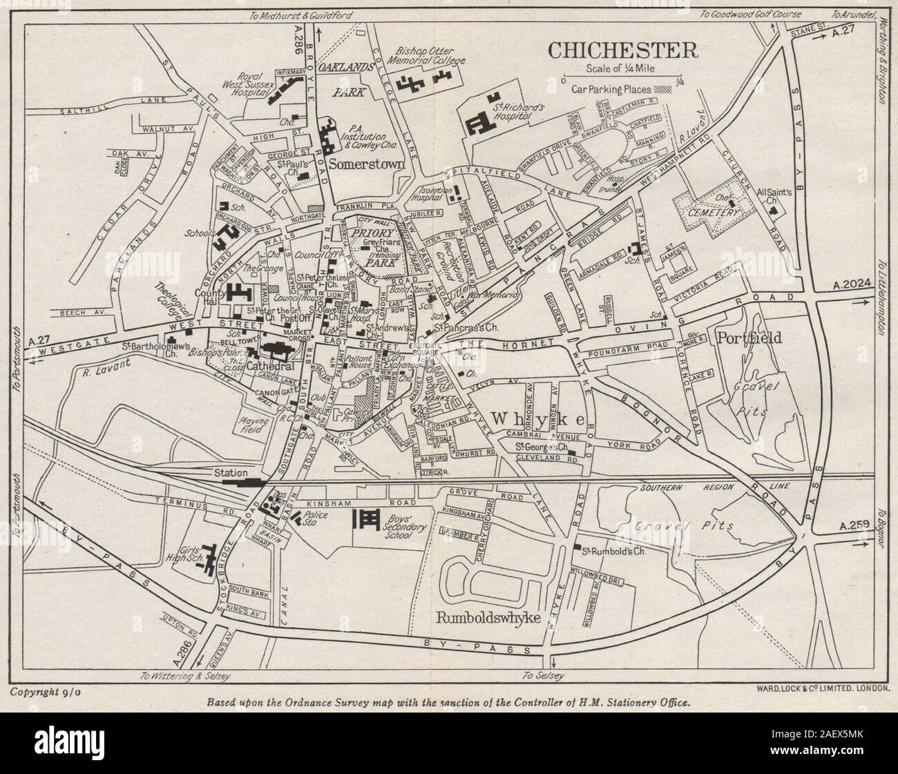 CHICHESTER vintage town/city plan. Le Sussex. WARD LOCK 1950 old ...