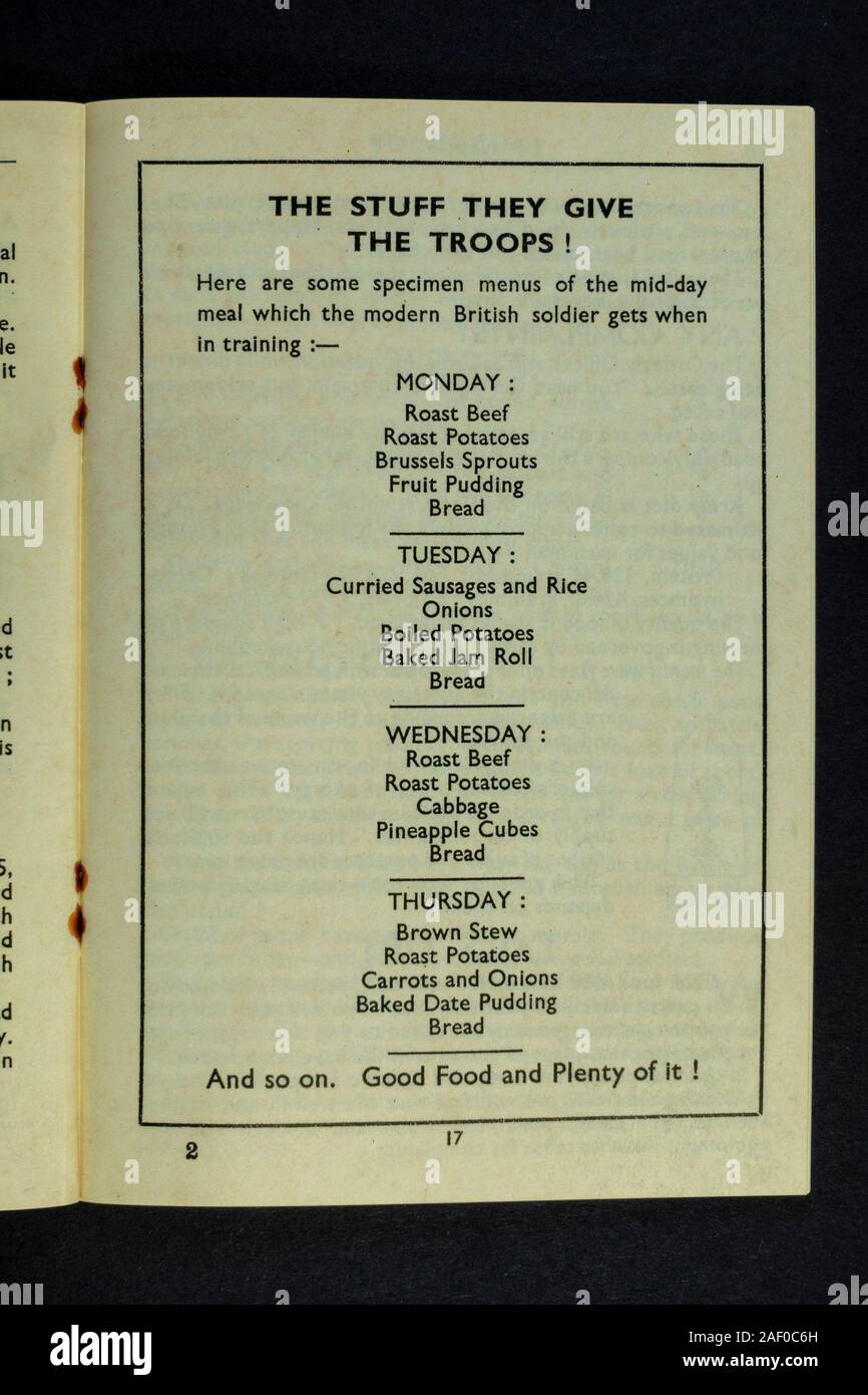 Page intérieure montrant les menus typiques de l'armée dans le livret ...