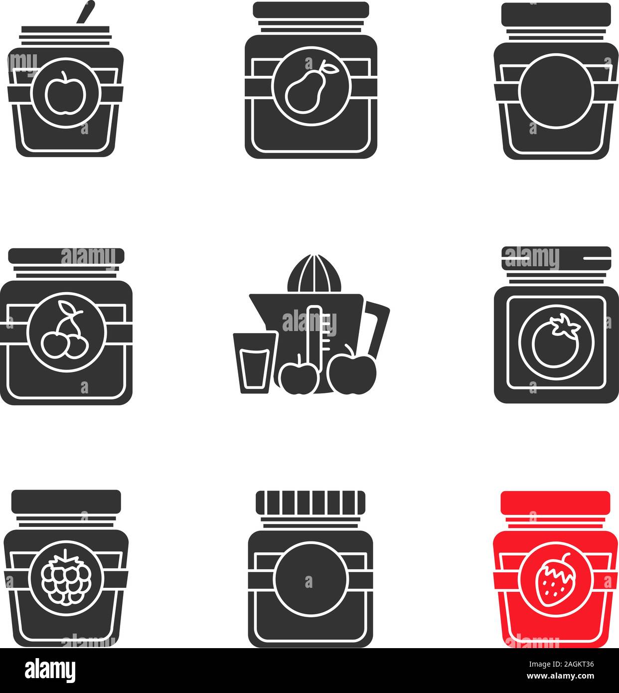 Les conserves maison glyphe icons set. Pomme, poire, cerise, framboise ...