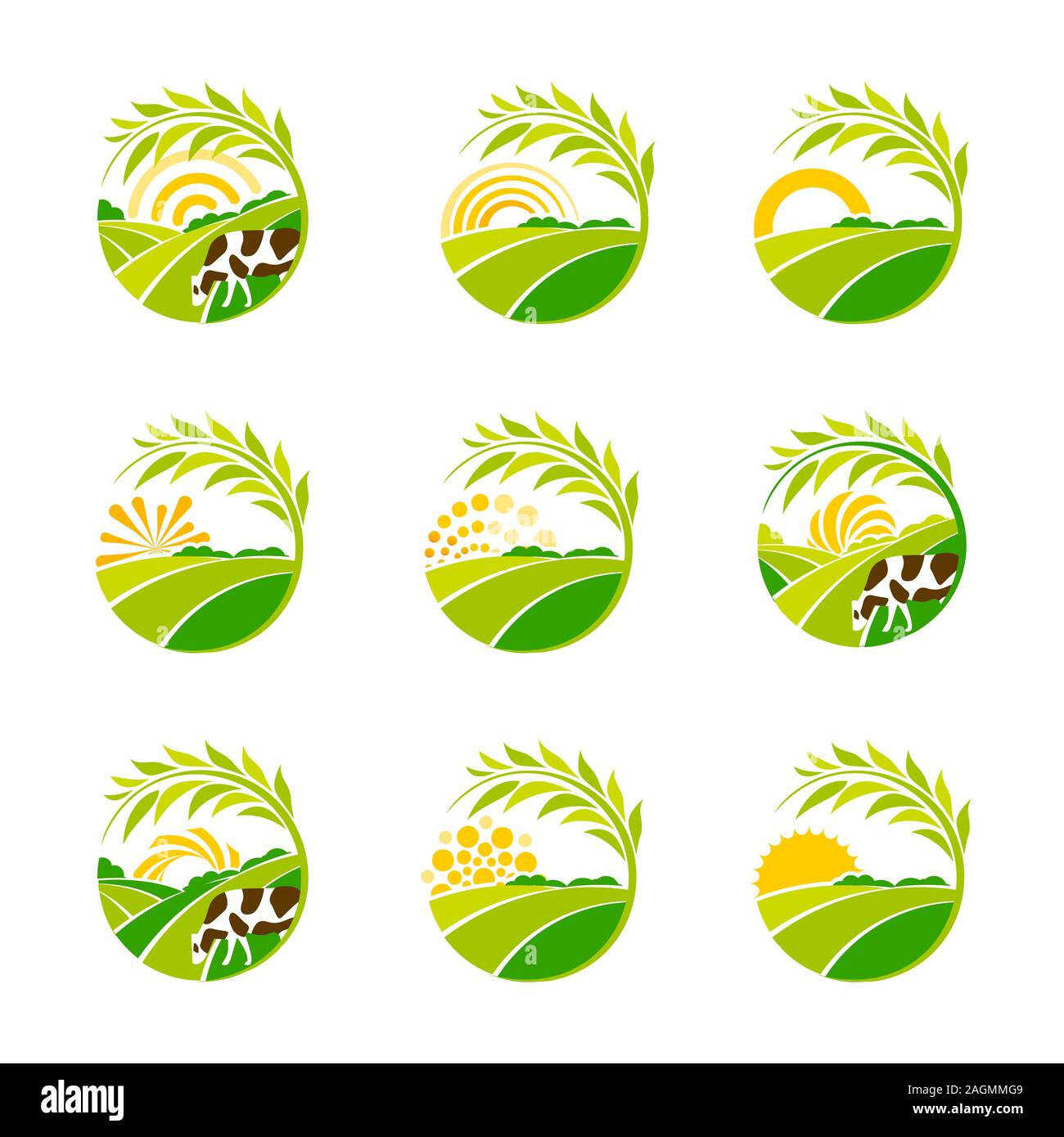 Logo vert isolé ferme collection. Paysage rural logos défini. Les ...