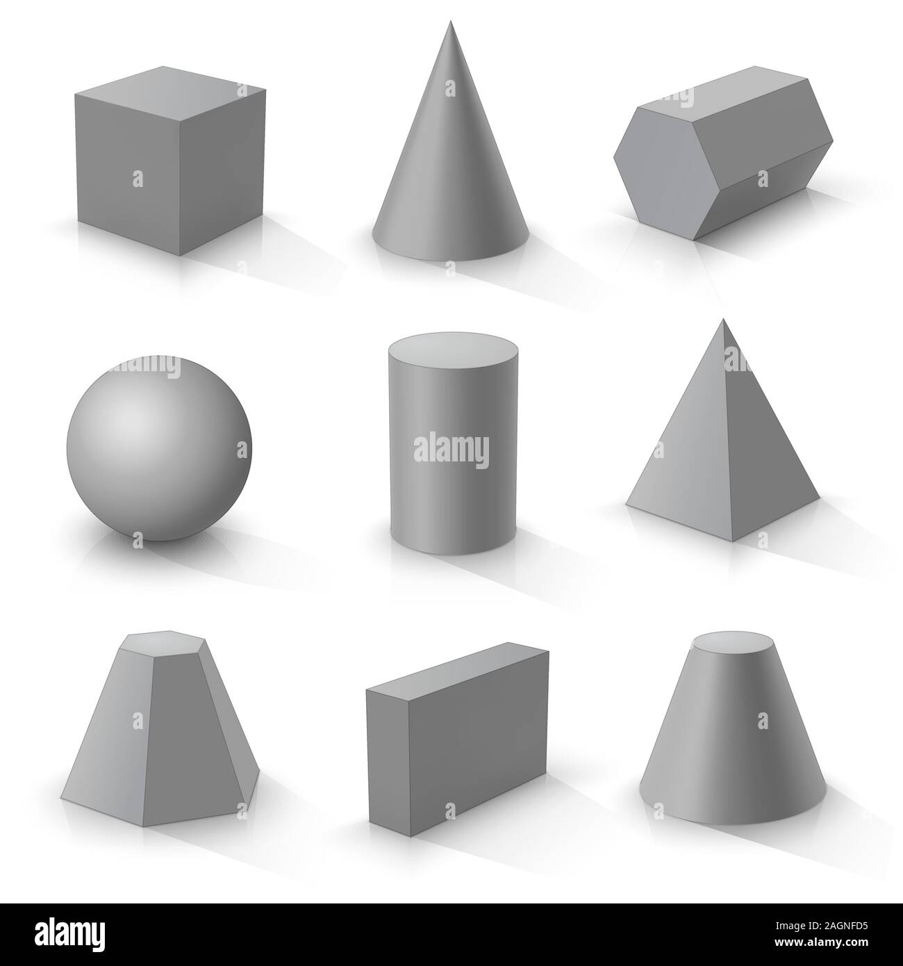 Ensemble de formes 3D de base. Solides géométriques gris sur fond blanc ...