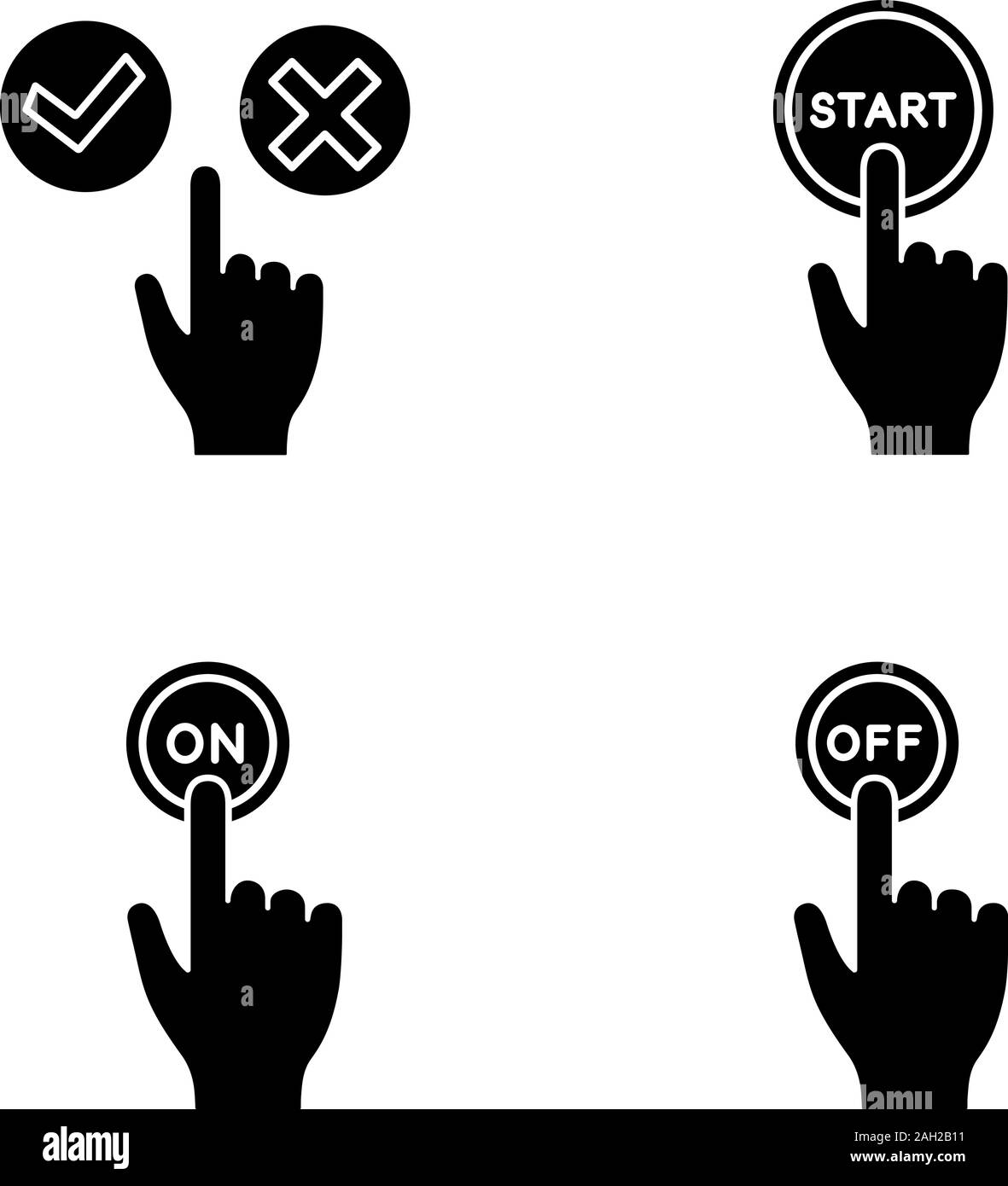 Boutons App icons set glyph. Cliquez sur. Accepter et Refuser, démarrer ...