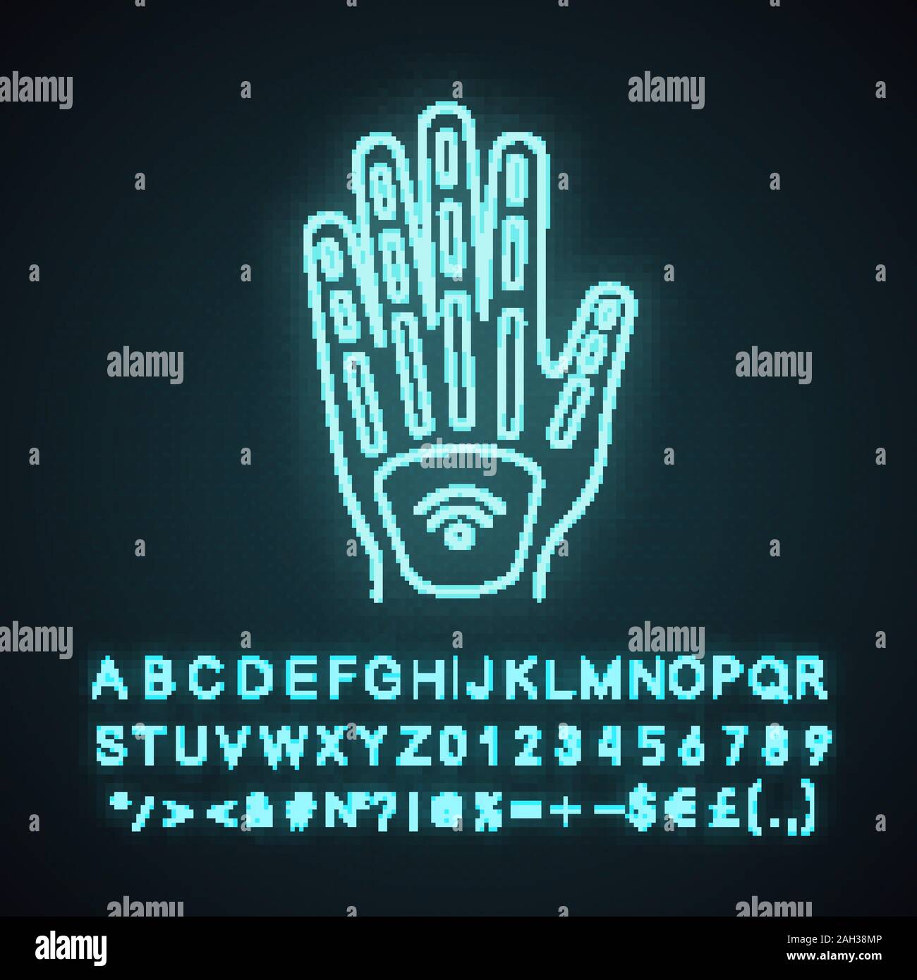 La micro-puce dans la main neon light icône. Implant NFC. Transpondeur ...