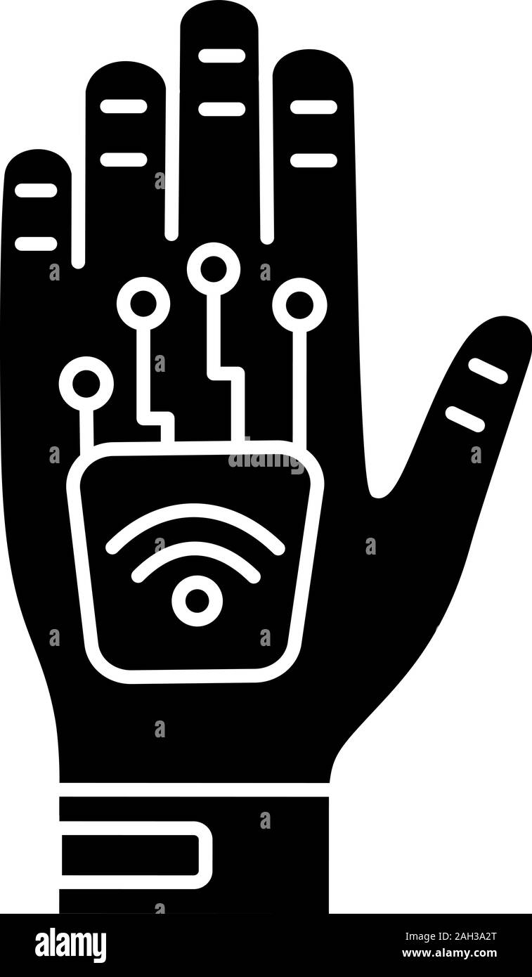 Micro-puce dans la main de l'icône de glyphe. Implant NFC. Transpondeur ...