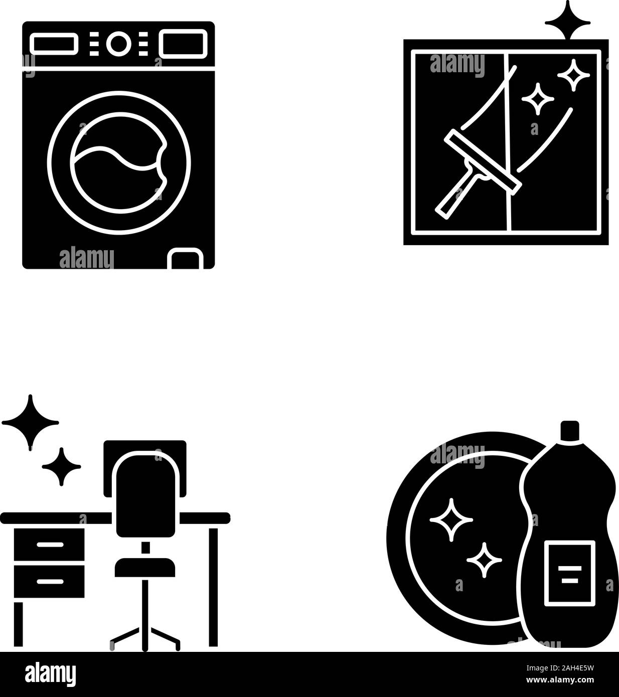 Service de nettoyage glyphe icons set. Lave-linge, lavage de vitres ...