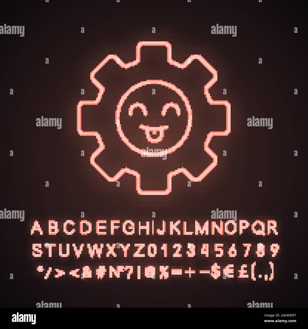 Smiling engrenage neon light icône. Heureux. Processus de progrès ...