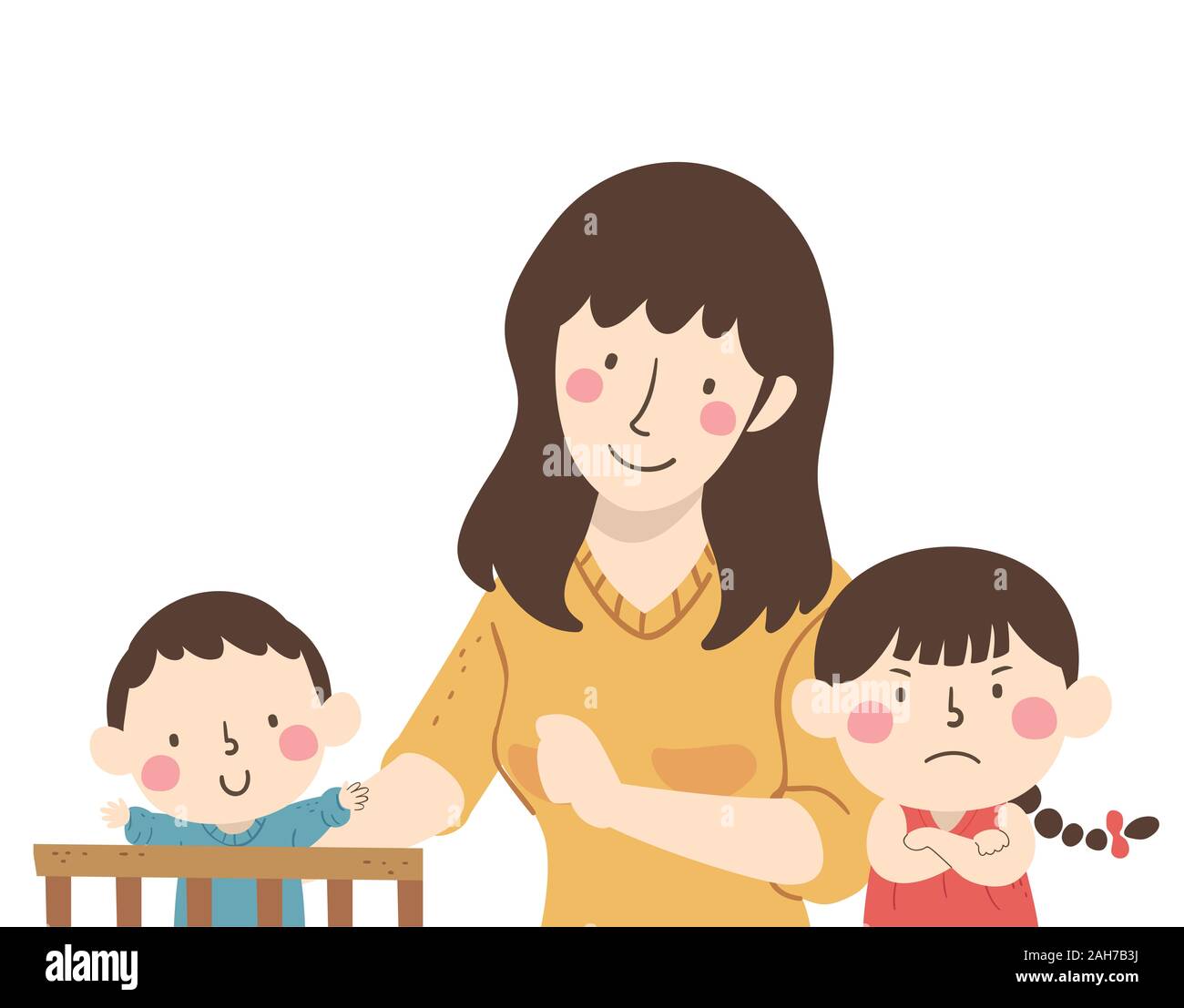 Illustration d'un enfant fille être jaloux avec son nouveau petit frère ...