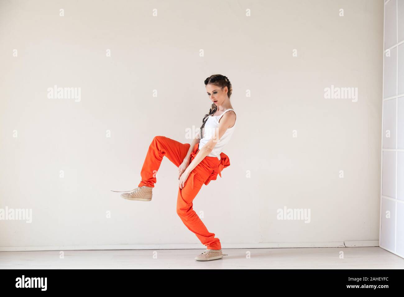 Portrait d'une belle femme à la mode avec des tresses, des sous-culture ...