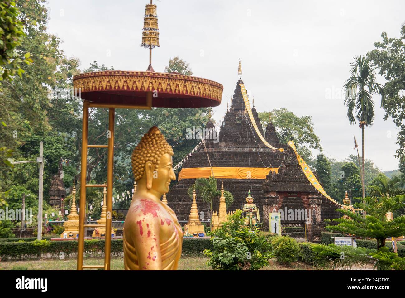 Les étapes sur le chemin de la Wat Tham Pla grotte ou monkey cave près ...