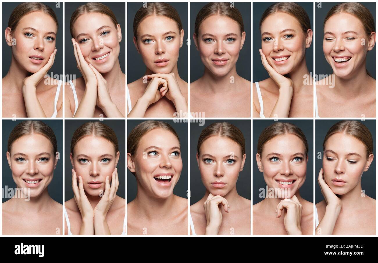 Jolis visages féminins émotionnelle collage. Happy friendly visages de ...