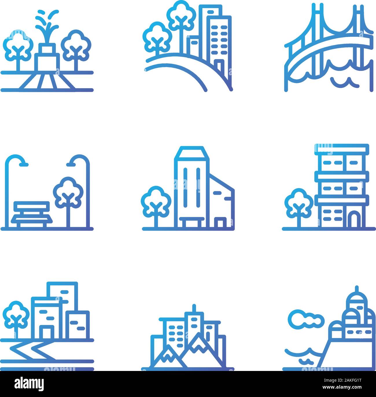 Bâtiments icon set design, l'architecture de la ville moderne urbain ...