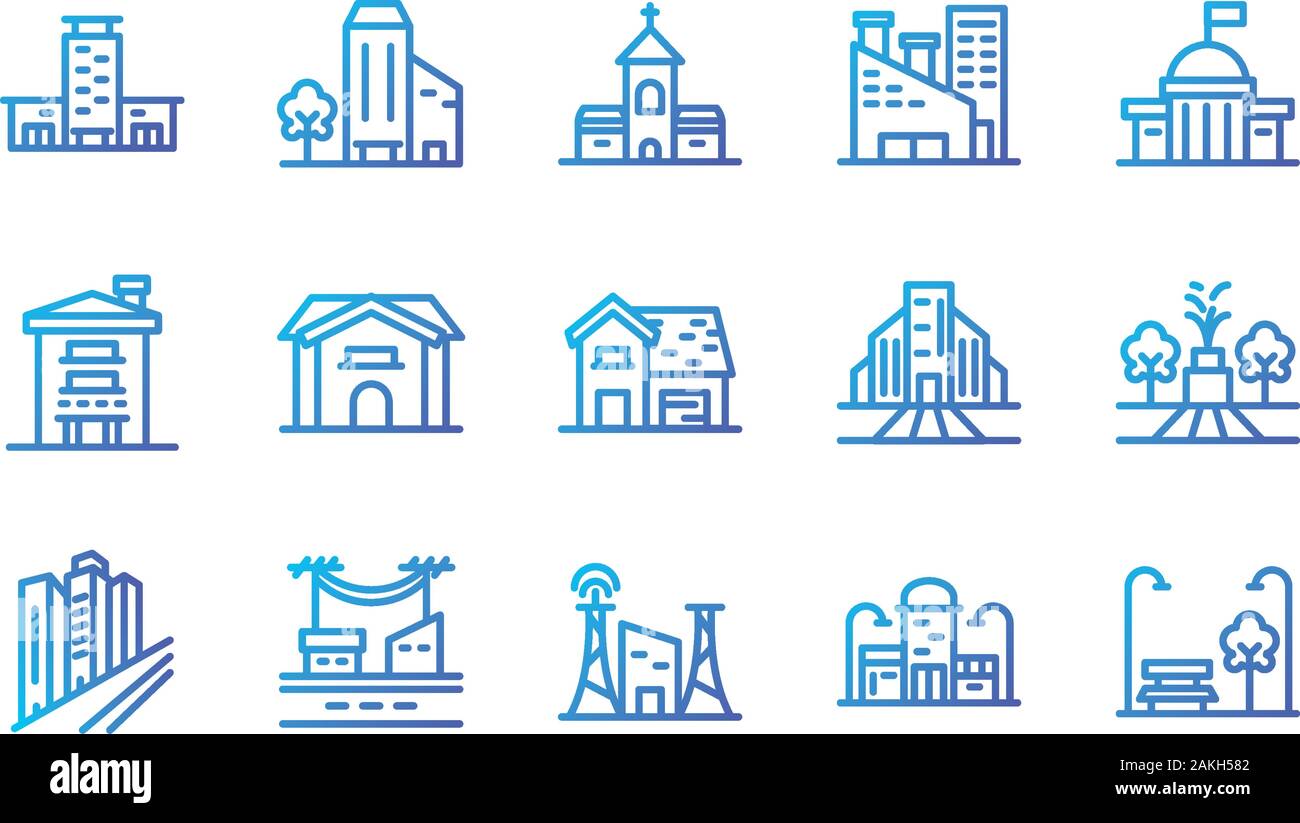 Bâtiments icon set design, l'architecture de la ville moderne urbain ...