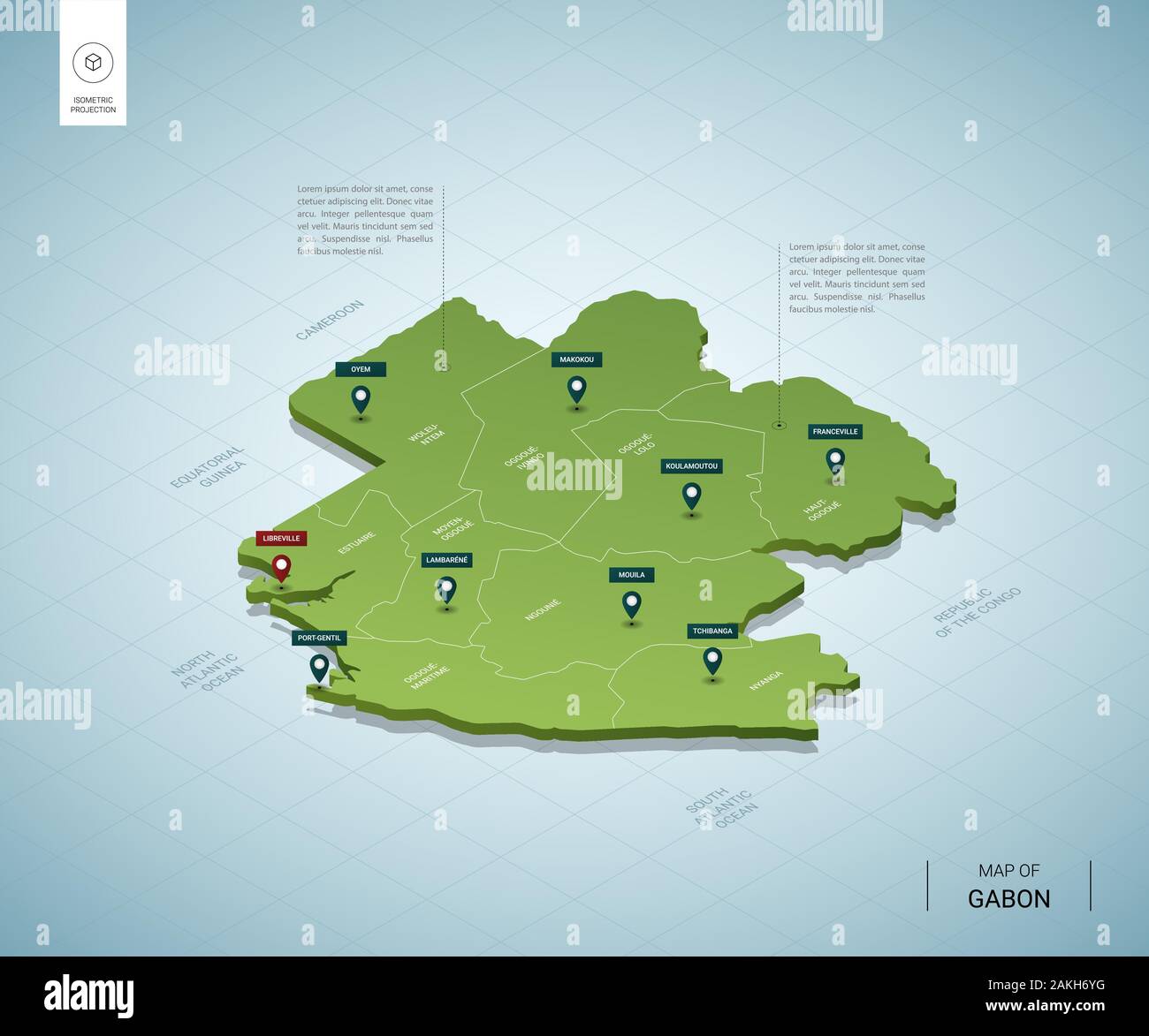 Carte stylisée du Gabon. 3D isométrique carte verte avec les villes ...